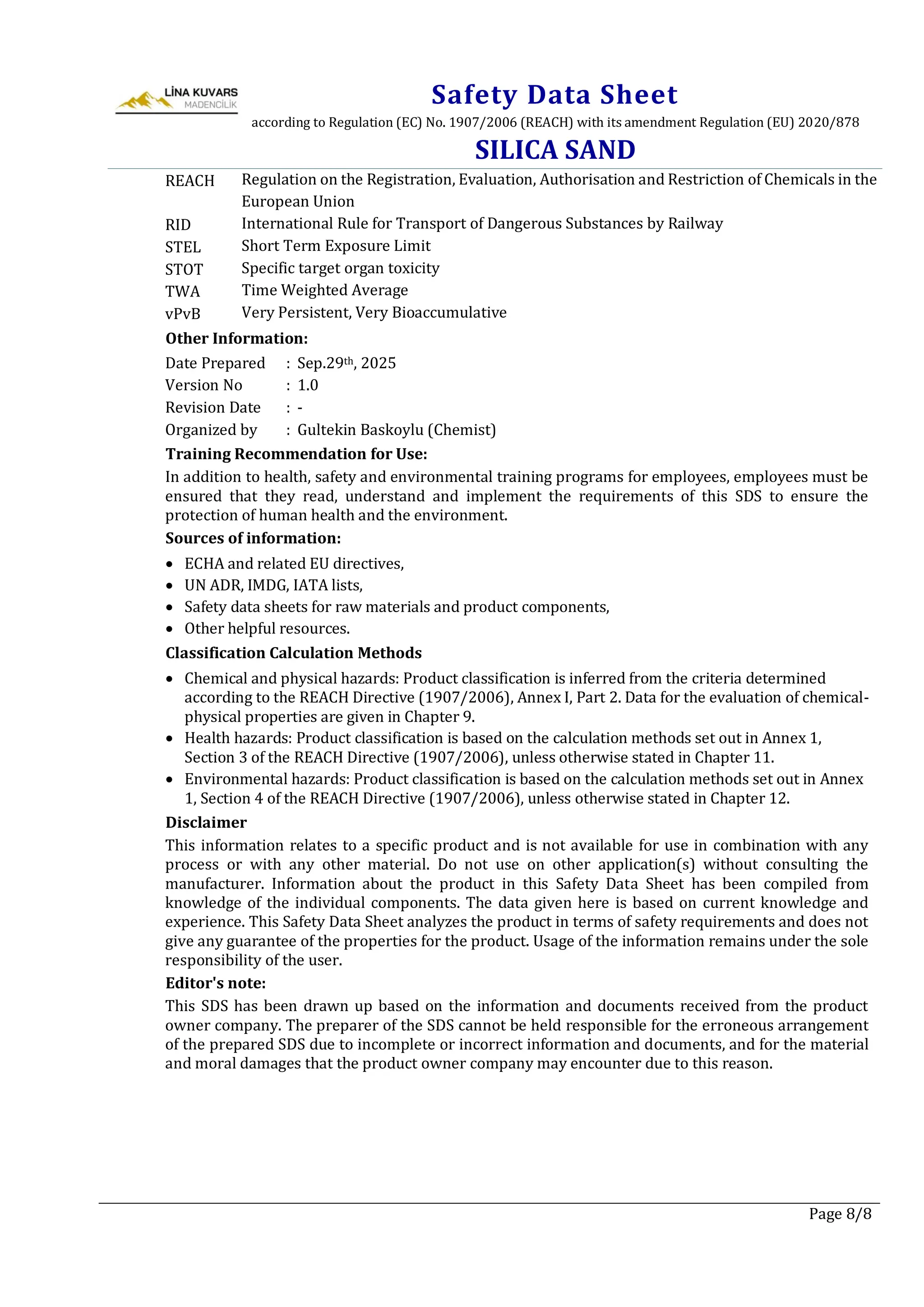 Safety Data Sheet (SDS) – Quartz Sand & Silica Materials | Lina Kuvars Madencilik | PDF