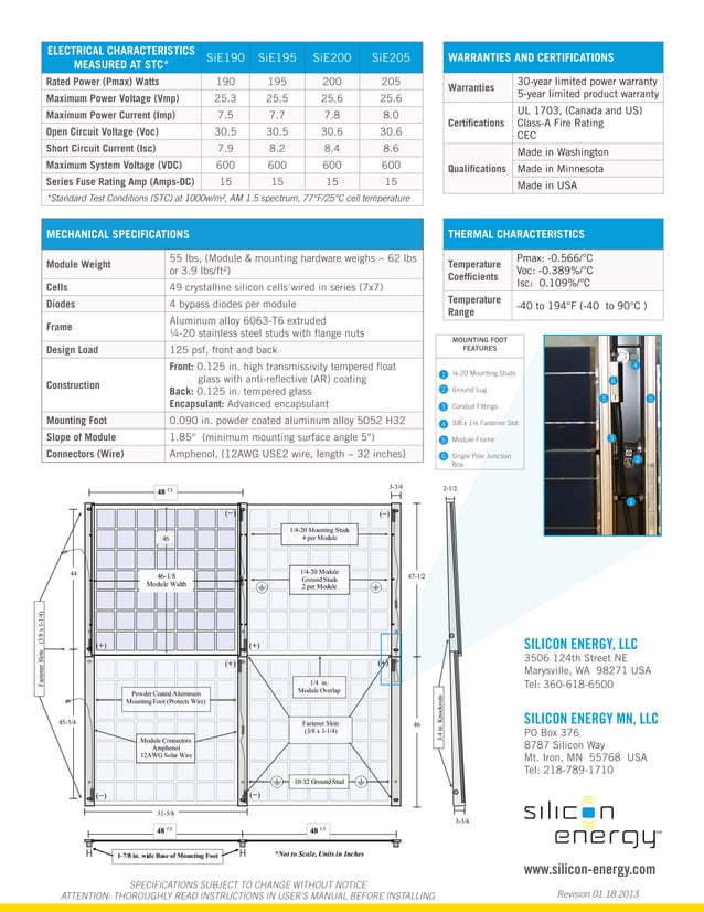 Silicon Energy Cascade Series Photovoltaic Module Specification Sheet | PDF