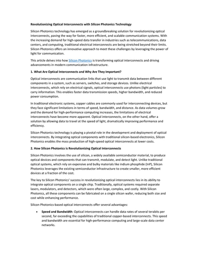 Revolutionizing Optical Interconnects With Silicon Photonics Technology Pdf