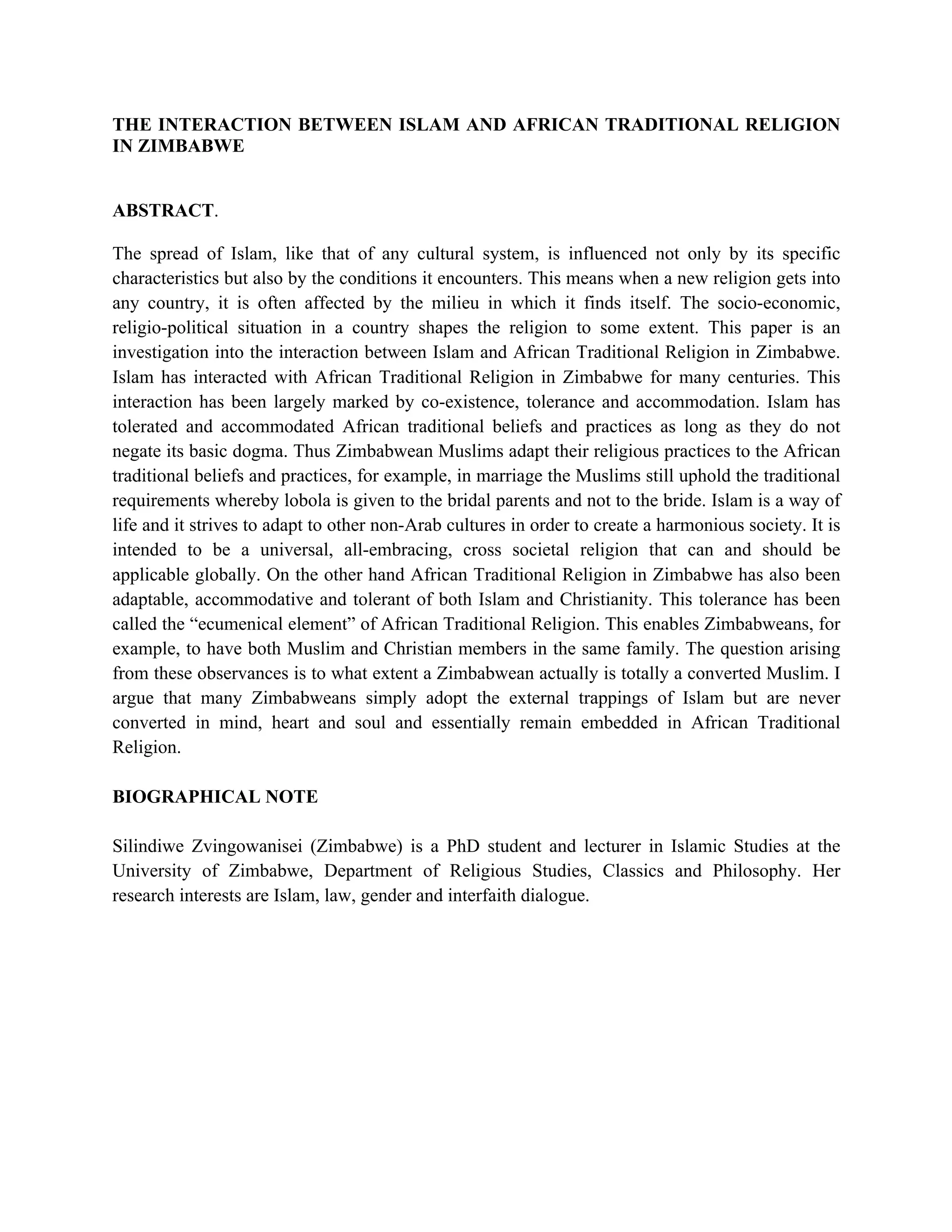 The interaction between Islam and African traditional religion in ...