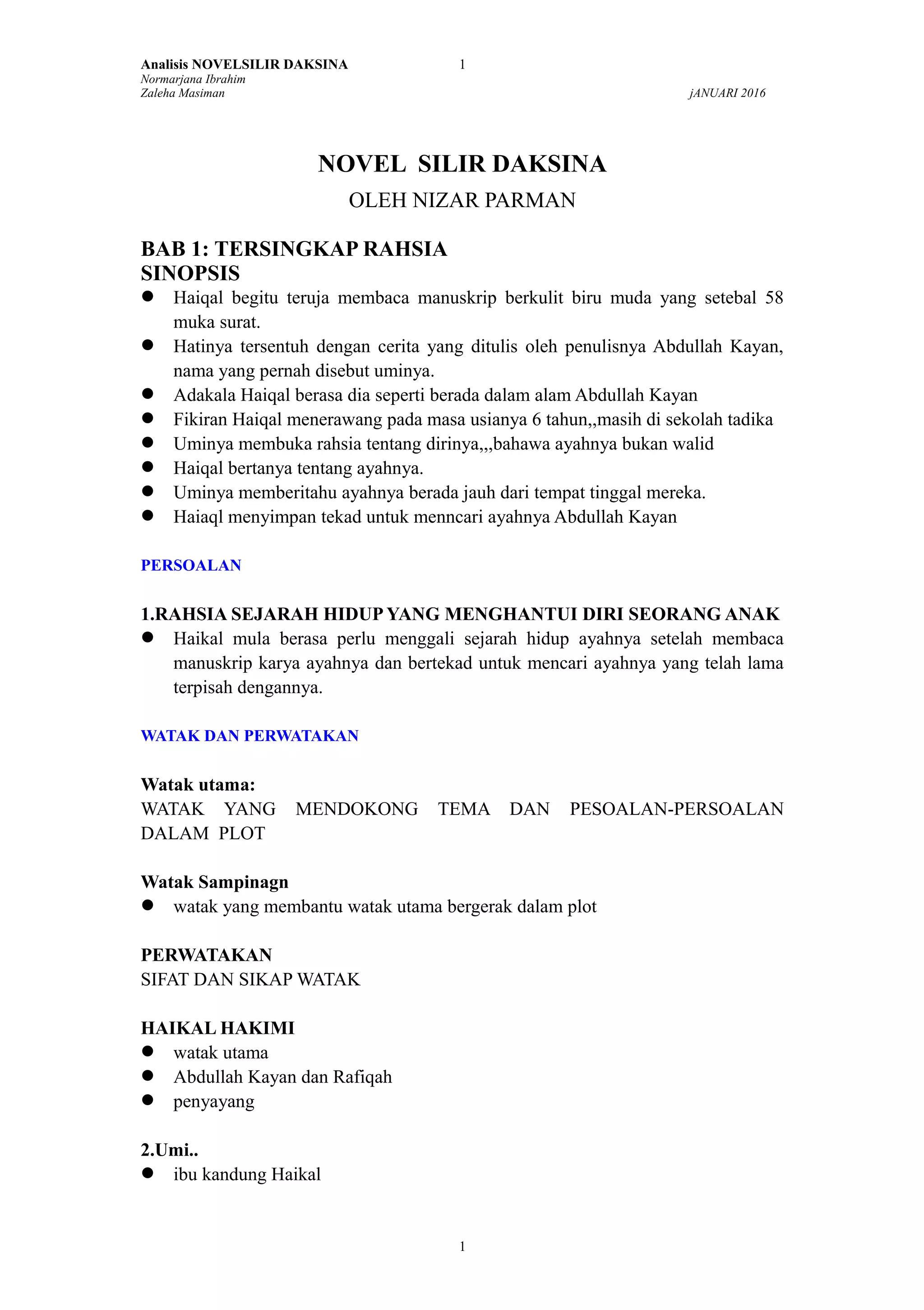 KOMSAS 2016 NOVEL TINGKATAN 5 ZON JOHOR: SILIR DAKSINA (NIZAR pARMAN ...