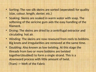 Silk fibre (Queen of fibre) manufacturing and properties of silk | PPTX