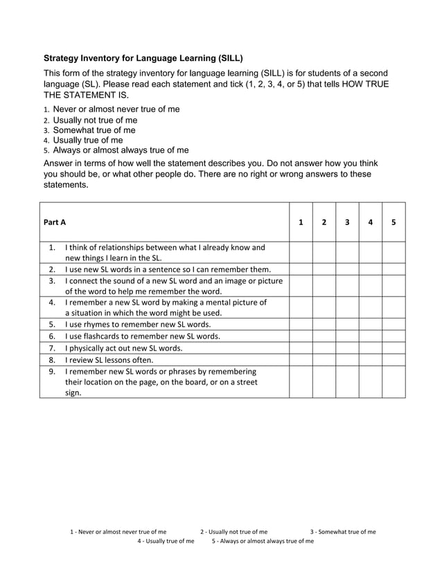 Strategy Inventory for Language Learning (SILL) survey | DOCX