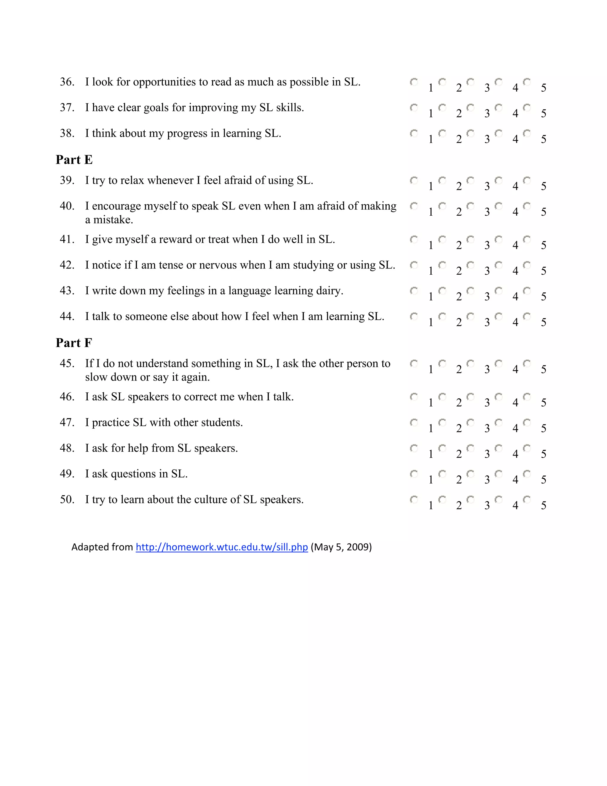 Strategy Inventory for Language Learning (SILL Survey) | PDF