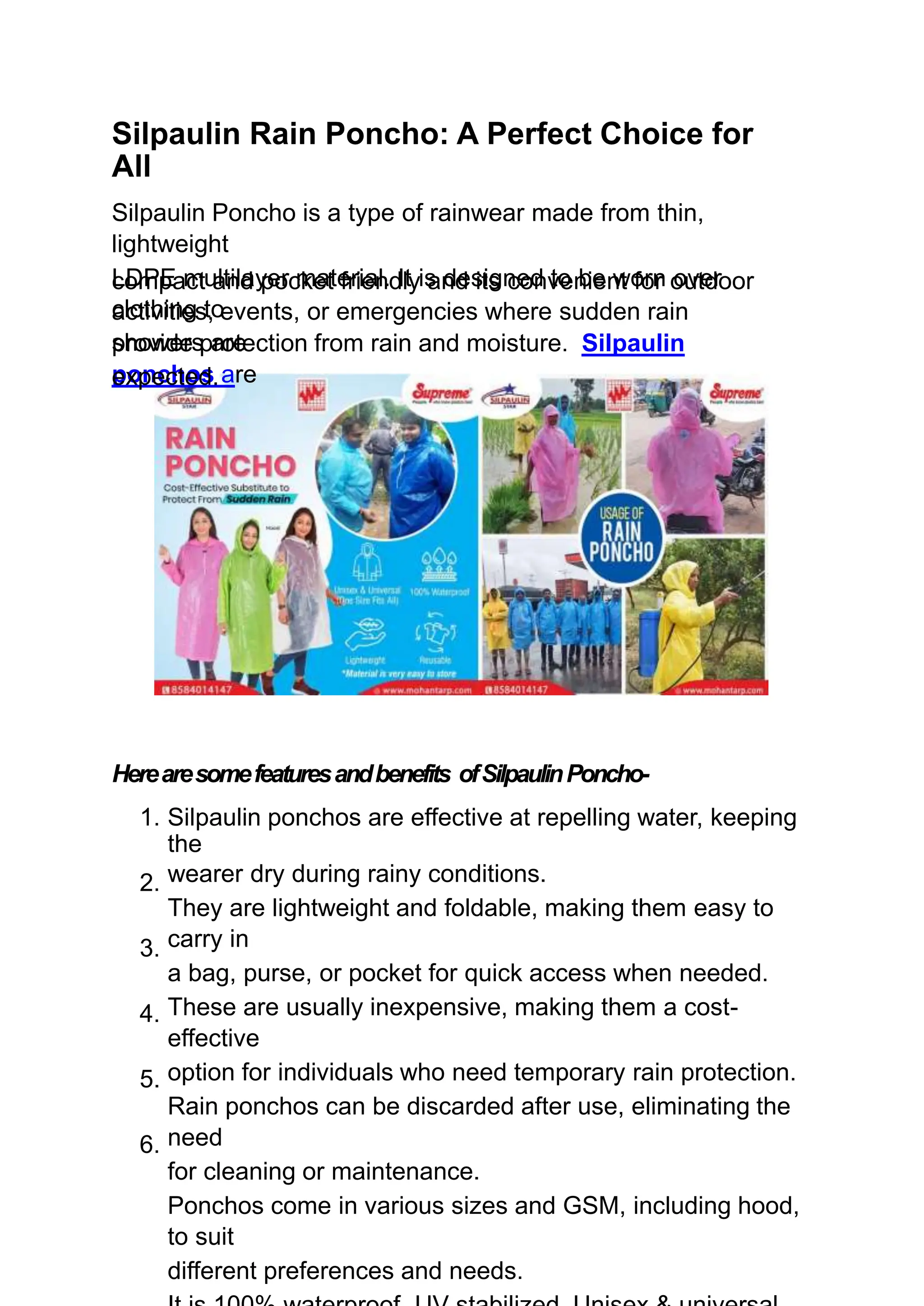 Silpaulin Rain Poncho-A Perfect Choice for All | PPTX | Women\'s Outerwear | Women\'s Clothing