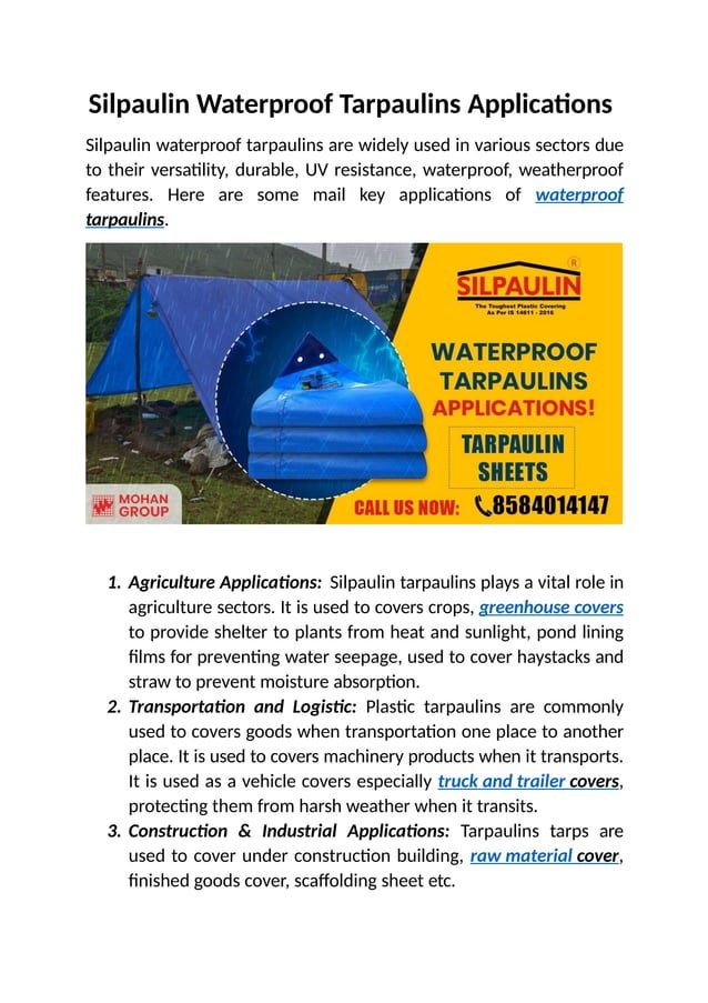 silpaulin waterproof tarpaulins applications | PDF