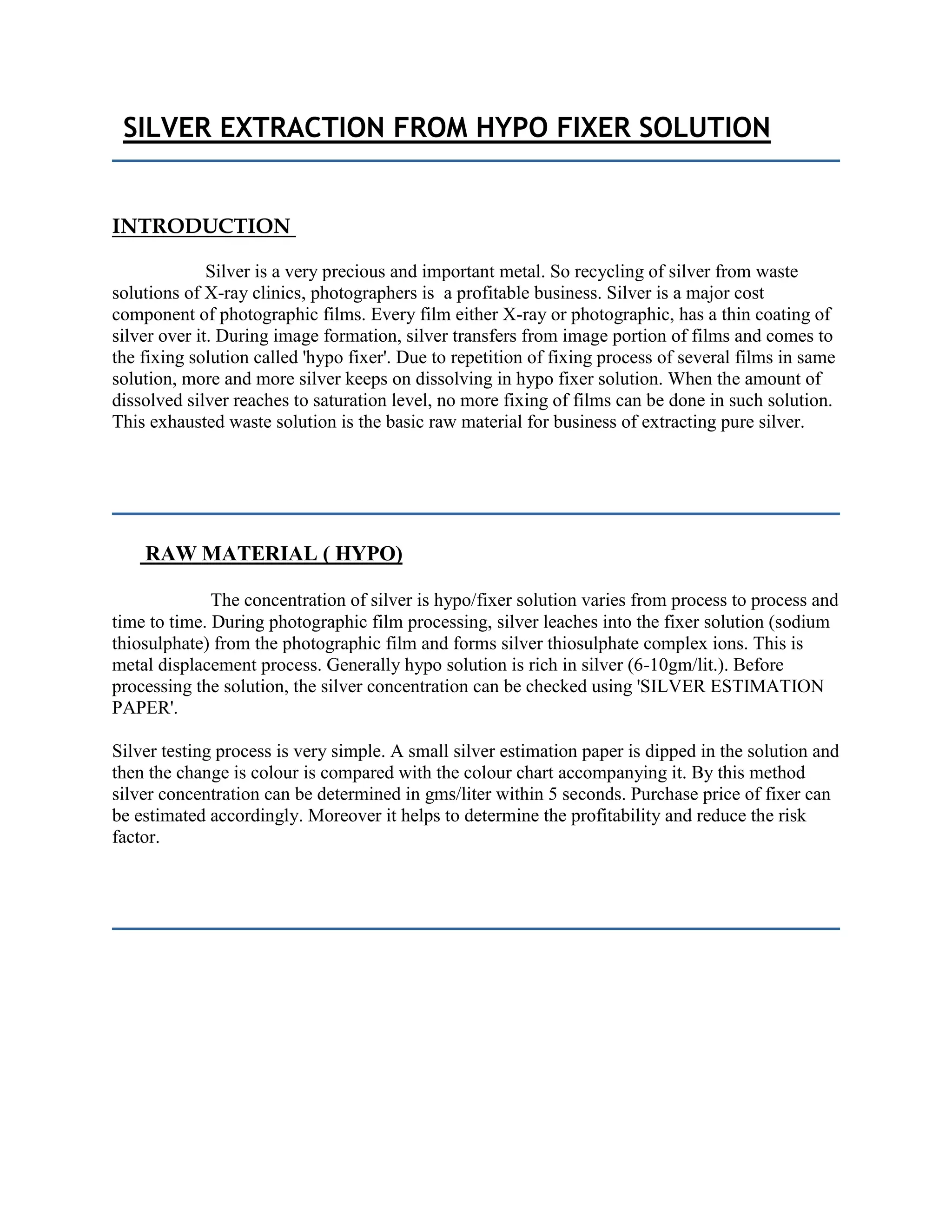 Silver Extraction From Hypo Fixer Solution | DOCX