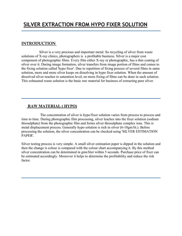 Silver Extraction From Hypo Fixer Solution | DOCX