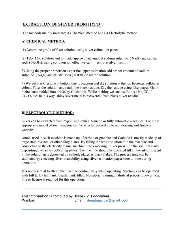 Silver Extraction From Hypo Fixer Solution | DOCX