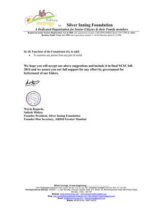 Silver Inning Foundation Sugestions for Draft NCSC BILL 2014 | PDF ...
