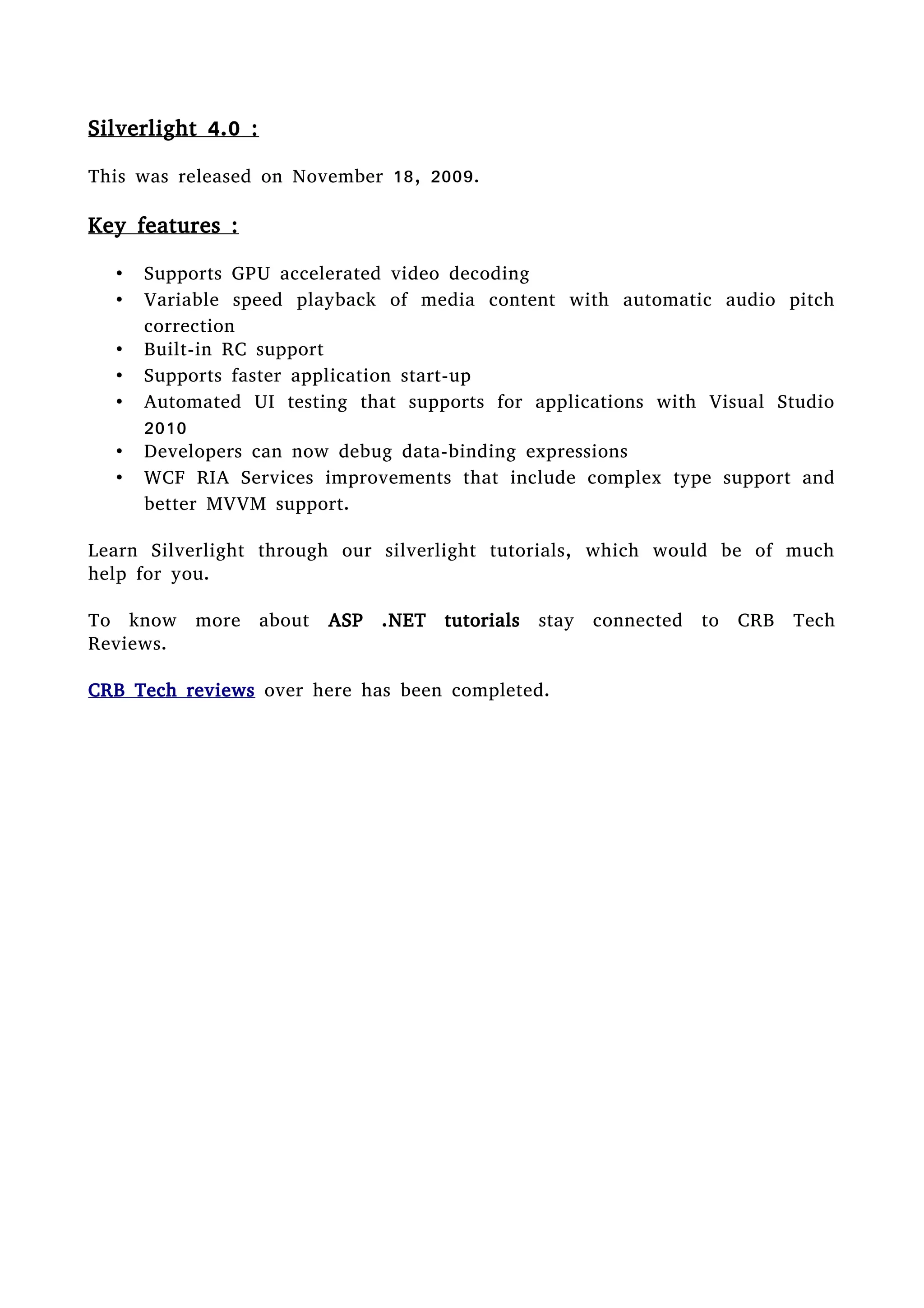 Silverlight versions-features | PDF