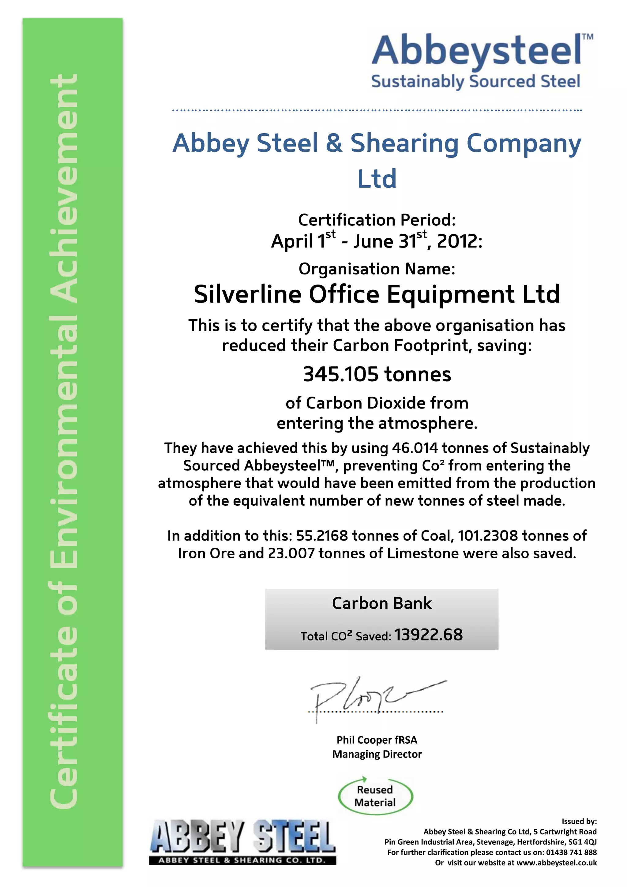 Silverline Environmental Certificate Q2 2012 | PDF