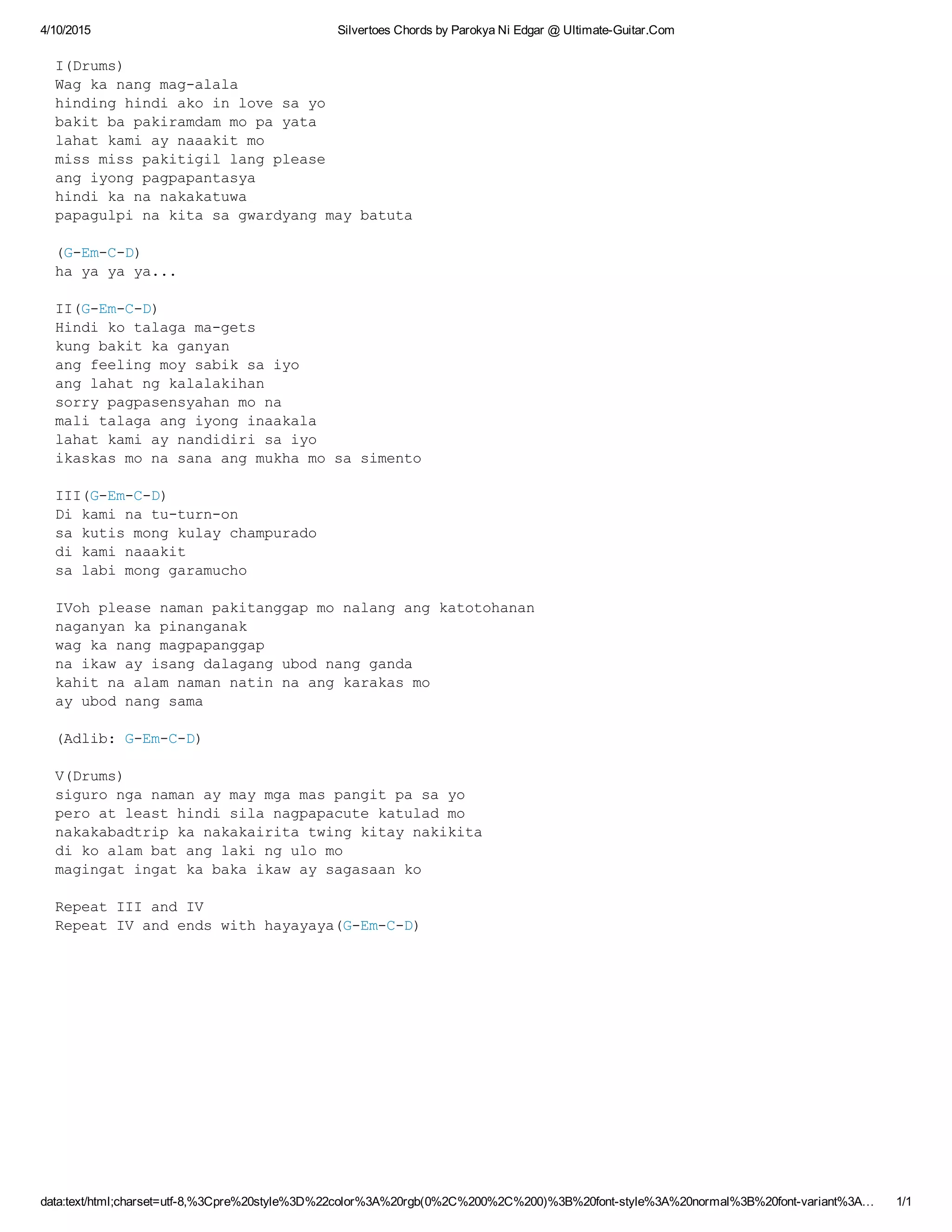 Silvertoes chords by parokya ni edgar @ ultimate guitar | PDF