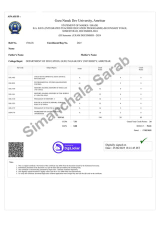 GNDU ITEP Semester 3 Marksheet – Simanchala Sarab | PDF