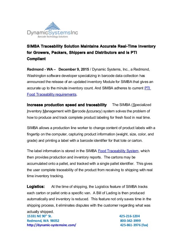 - Simba traceability solution updates accurate real - time inventory