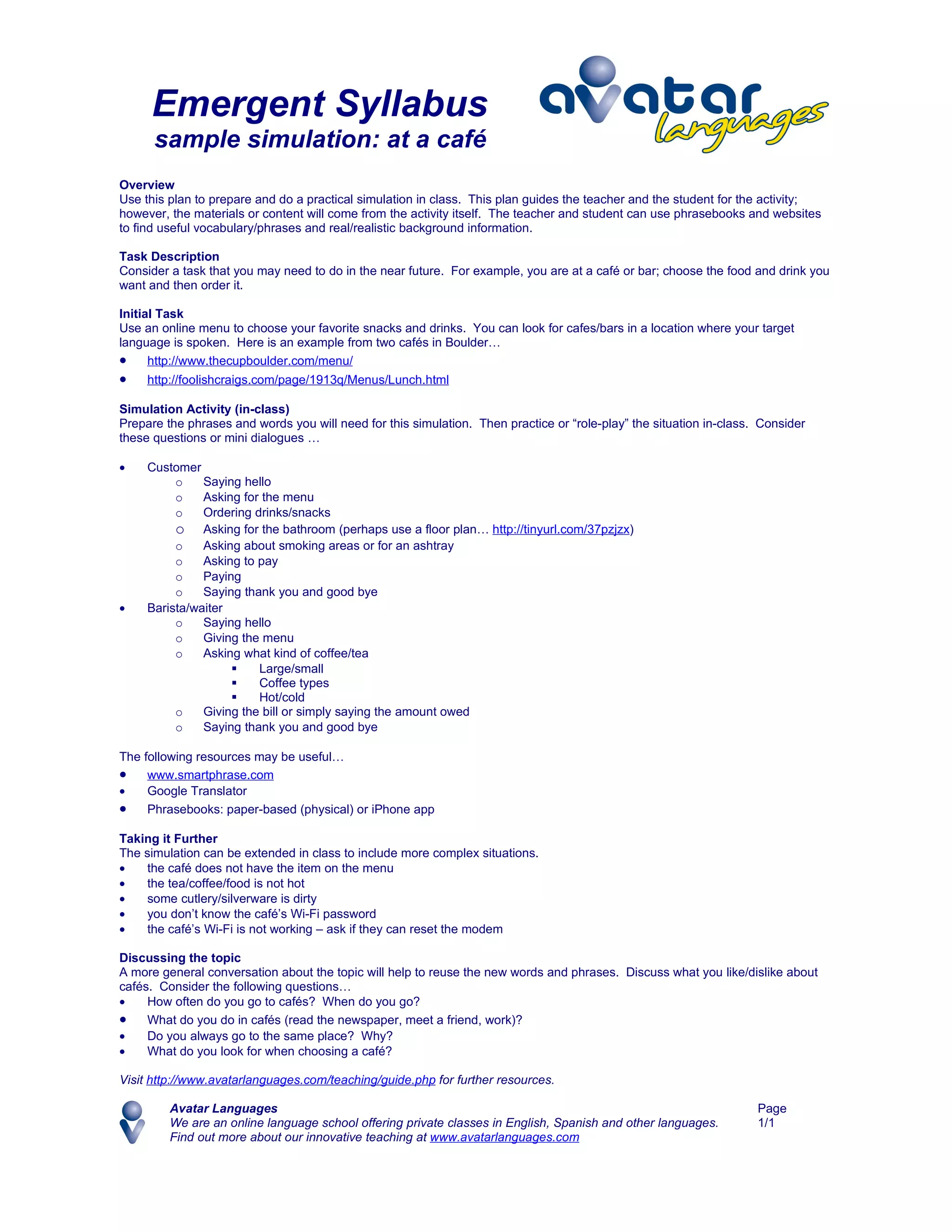 Simulation Plan - Cafe (Emergent Syllabus) | PDF