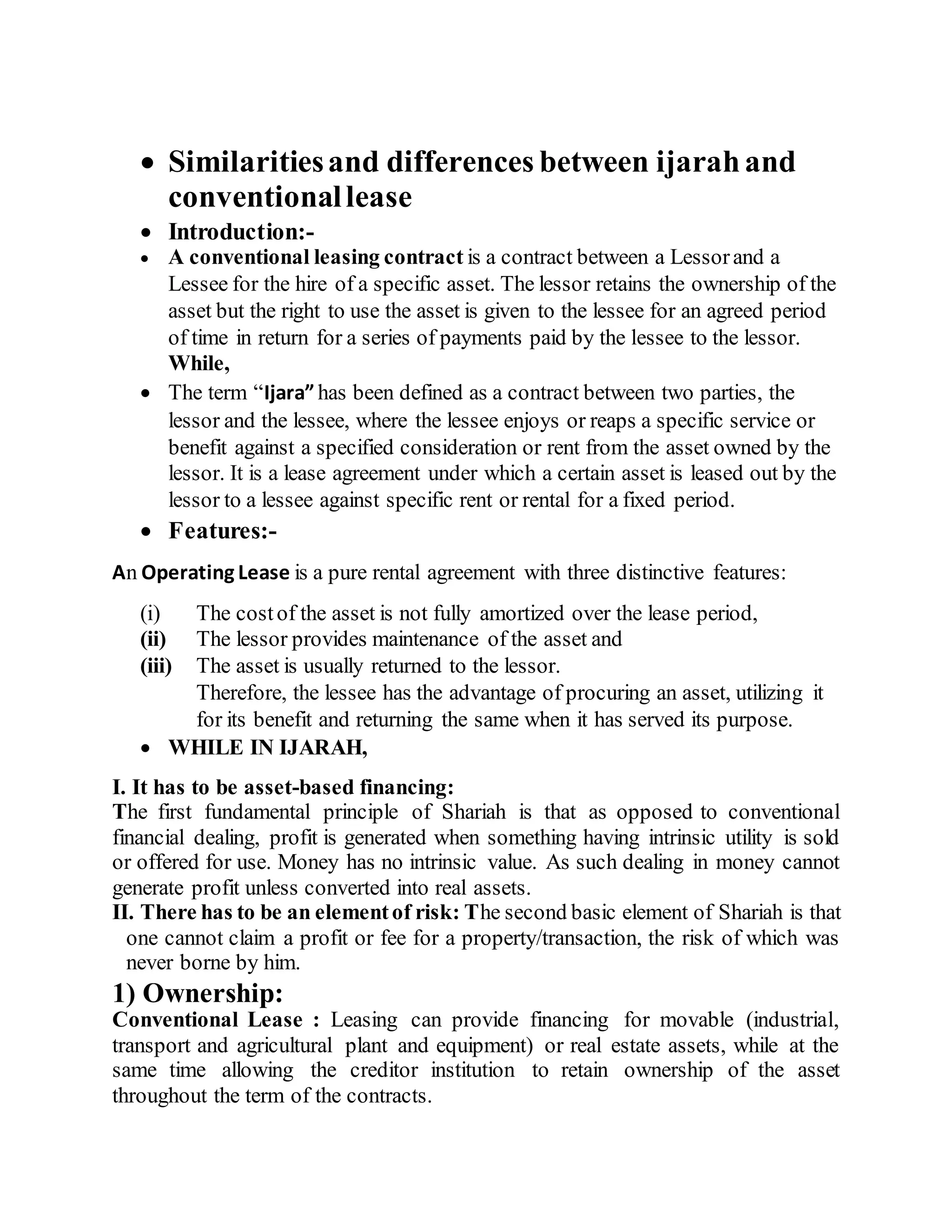 Similarities and differences between ijarah and conventional lease | DOCX