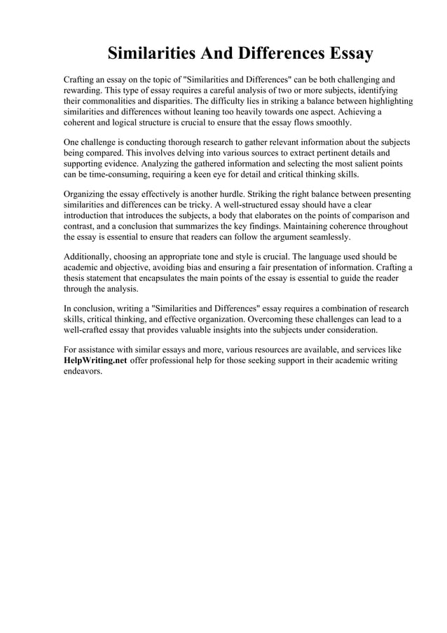 Similarities And Differences Essay. A comparison essay example. Free Compare And Contrast Essay ...