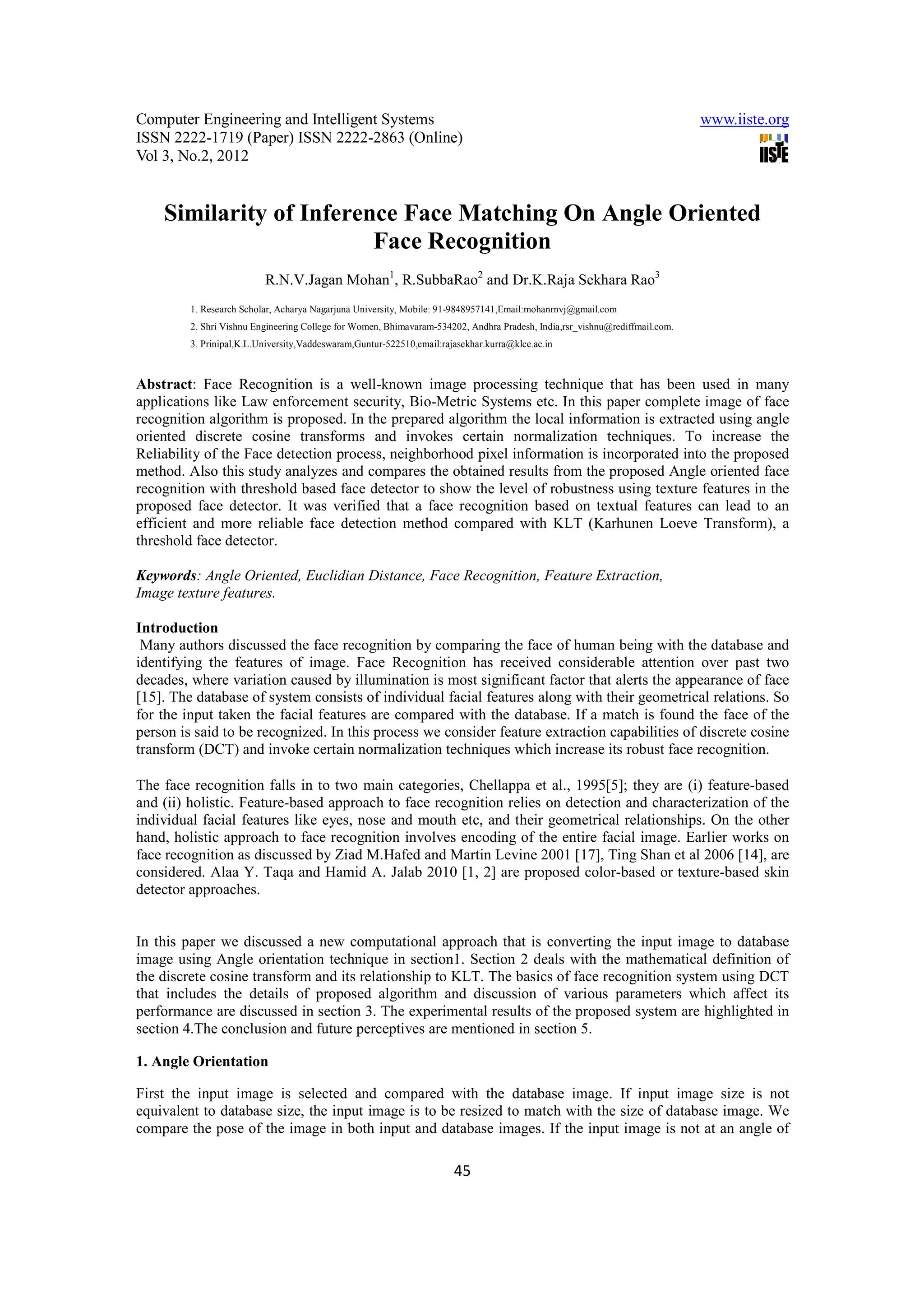 Similarity of inference face matching on angle oriented | PDF