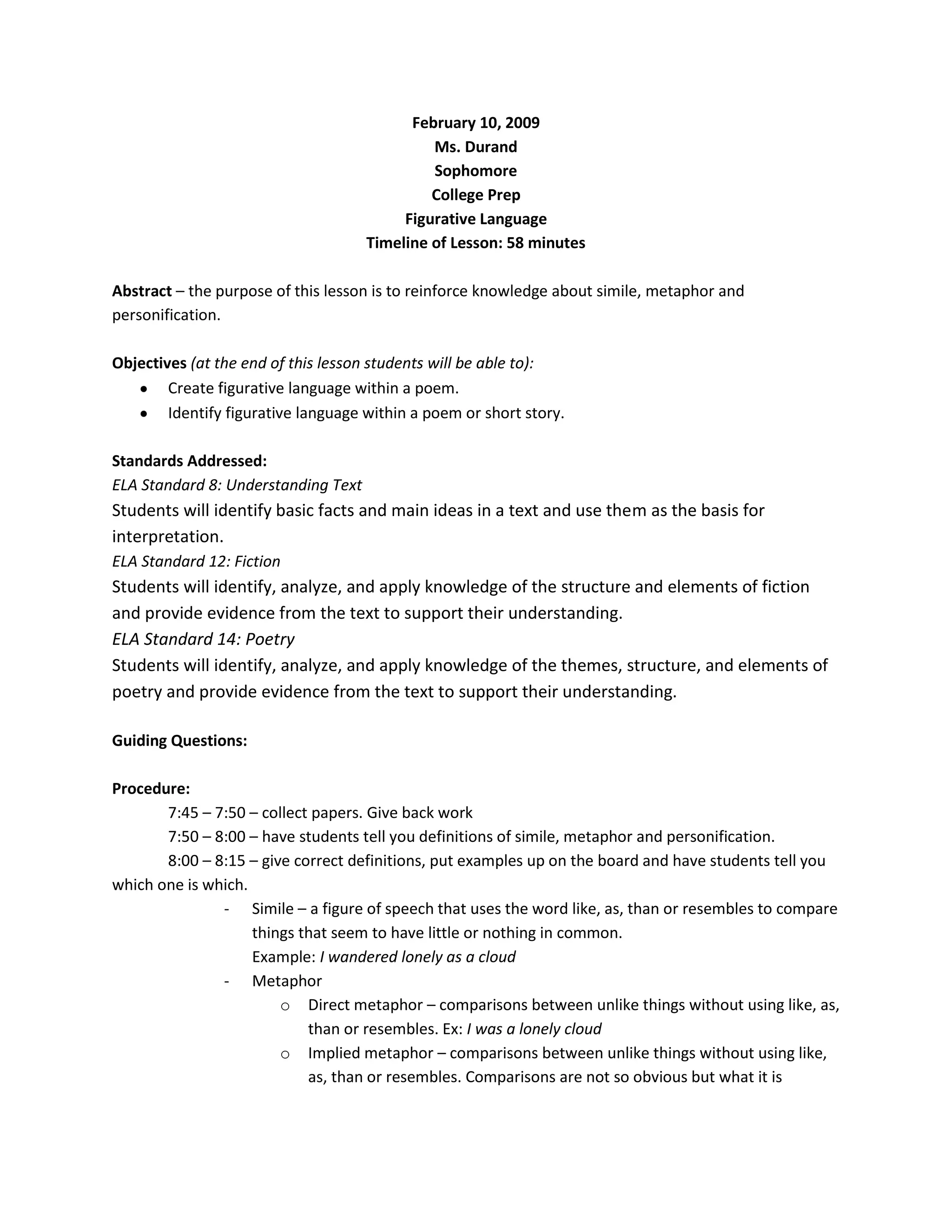 Simile Personifcation Metaphor Lesson | PDF