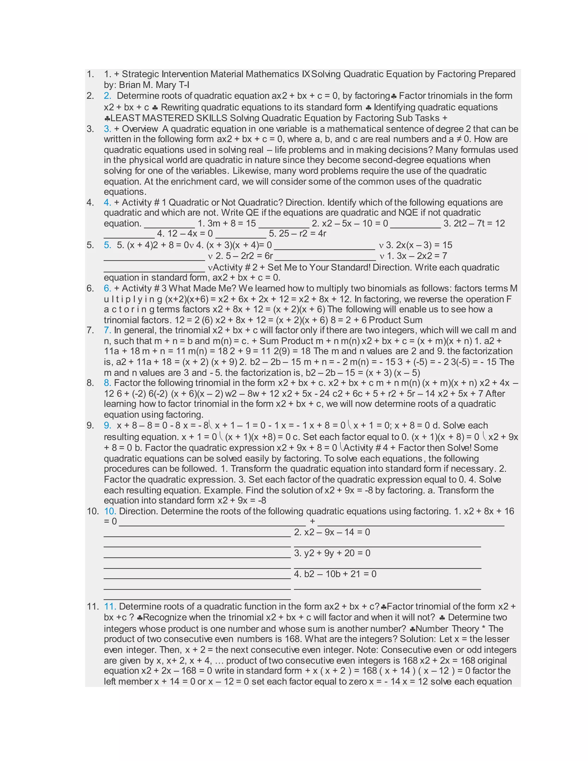 Sim math 9 factoring | DOCX