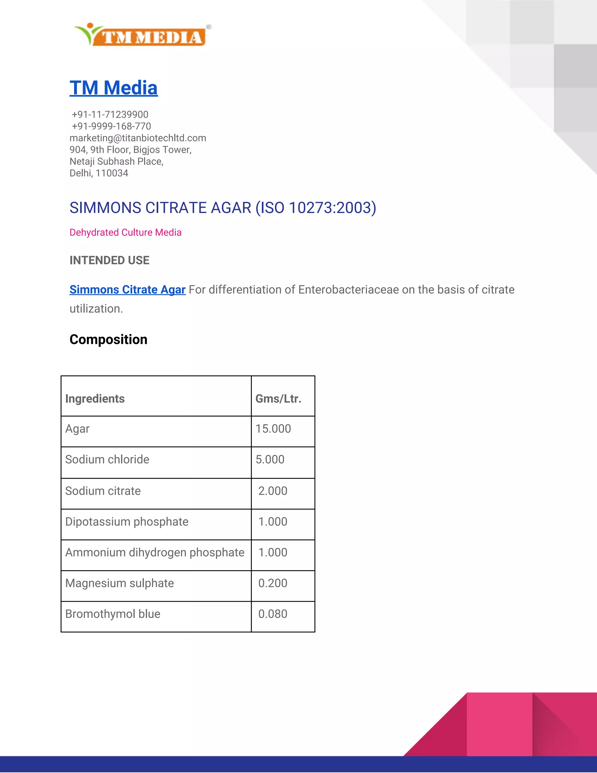 Simmons citrate agar summary and explanation | PDF