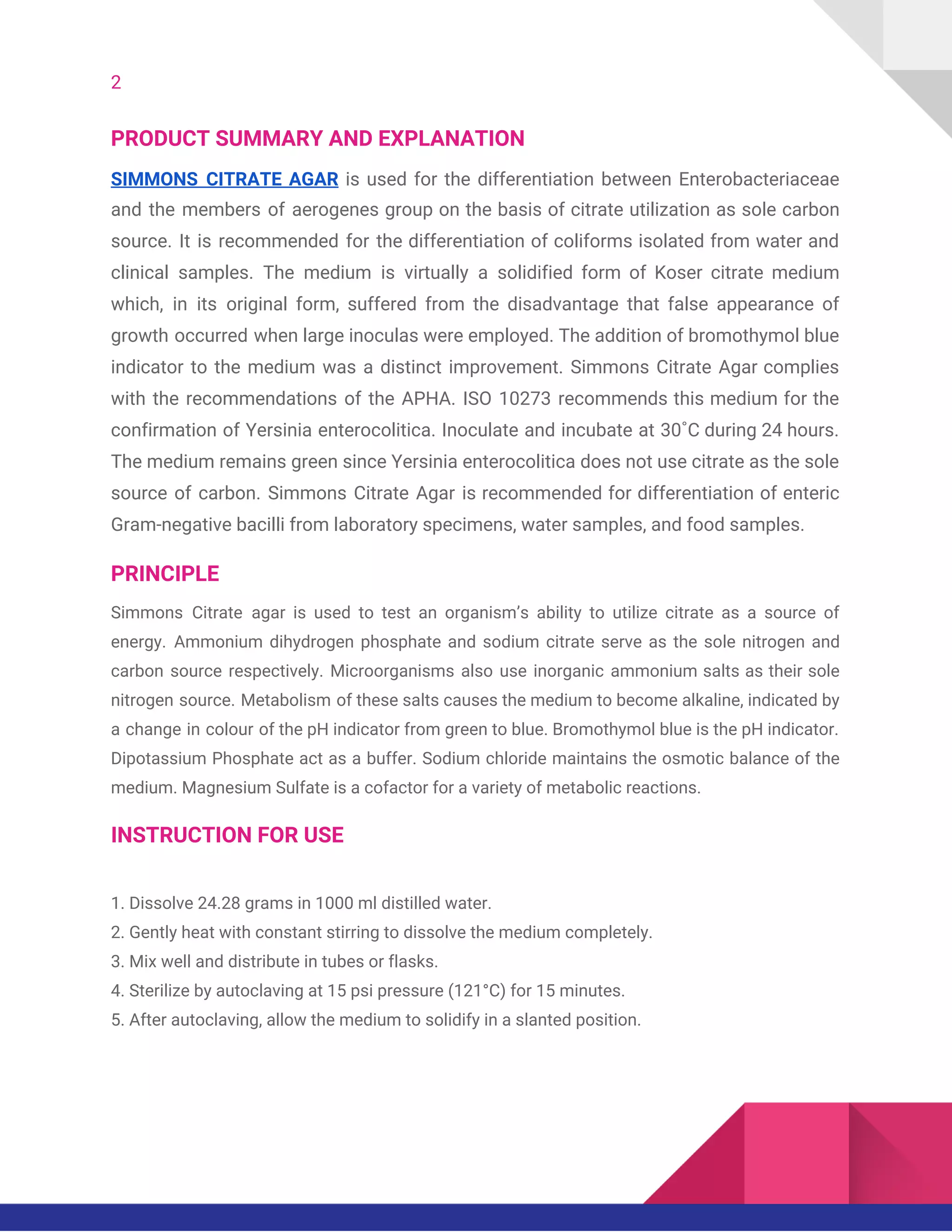 Simmons citrate agar summary and explanation | PDF