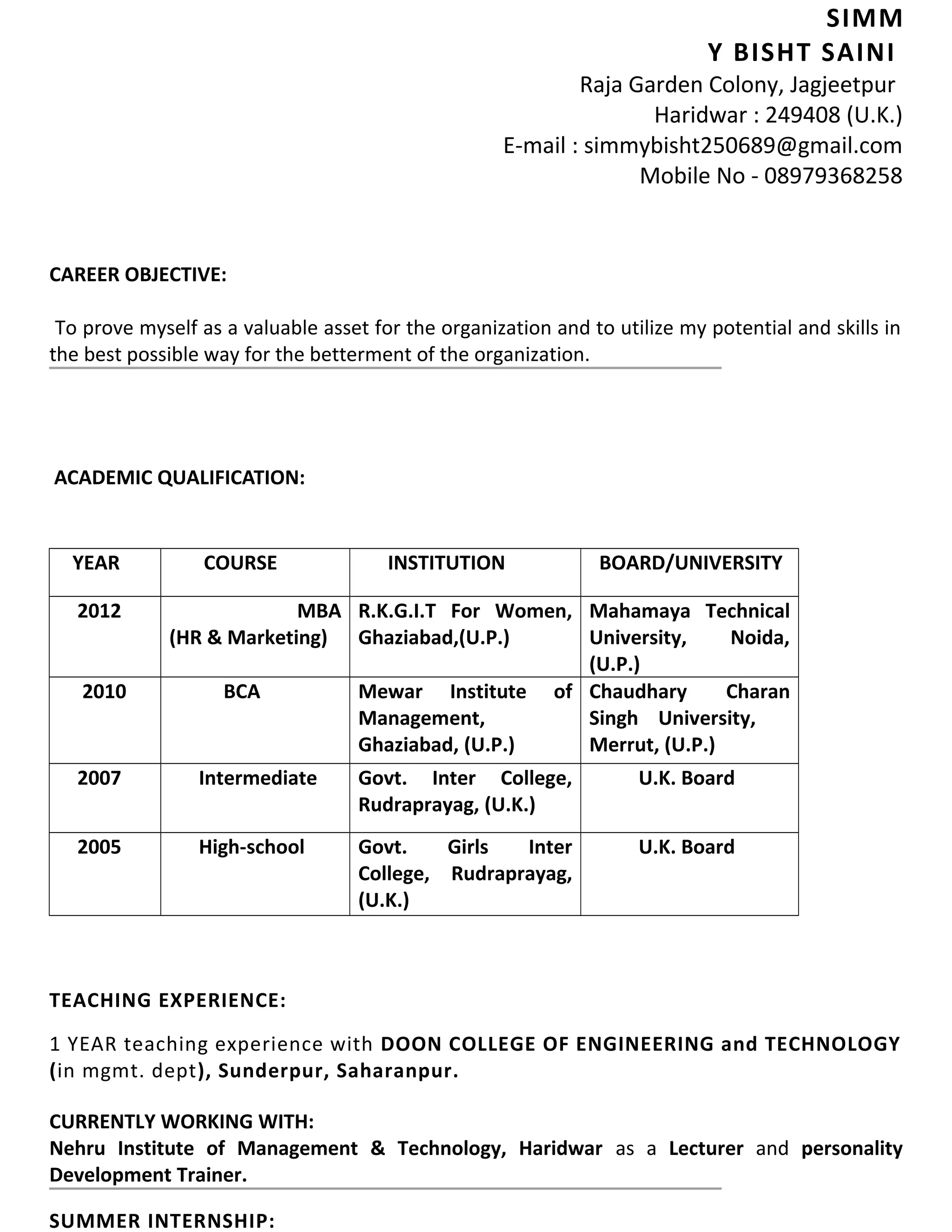 Simmy bisht saini | DOC | Education