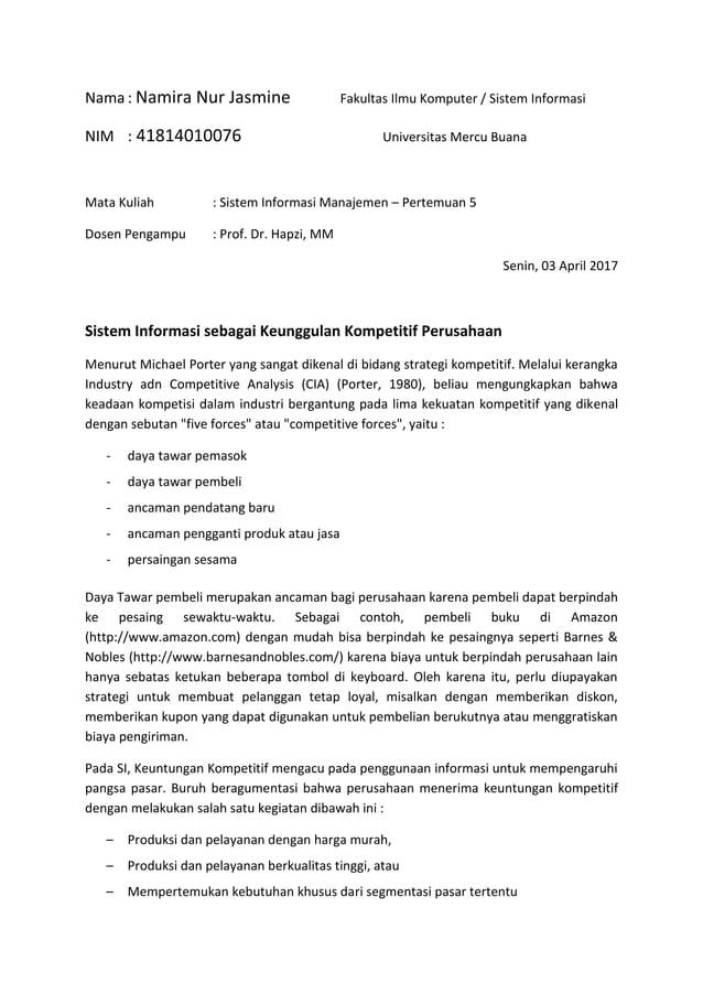 SIM, Namira Nur Jasmine, Hapzi Ali, Sistem Informasi Sebagai Keunggulan ...