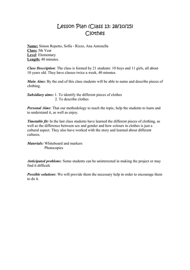 Simon rizzo lesson plan class 13 | DOC | Women\'s Outerwear | Women\'s ...