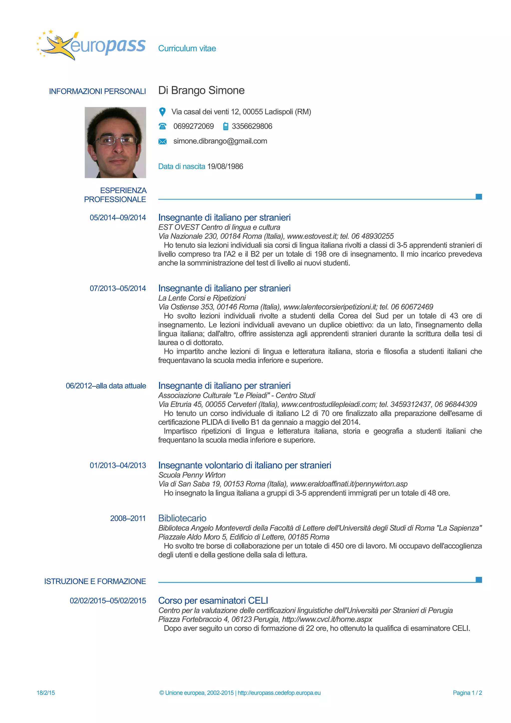 Simone Di Brango - Curriculum vitae | PDF | Education