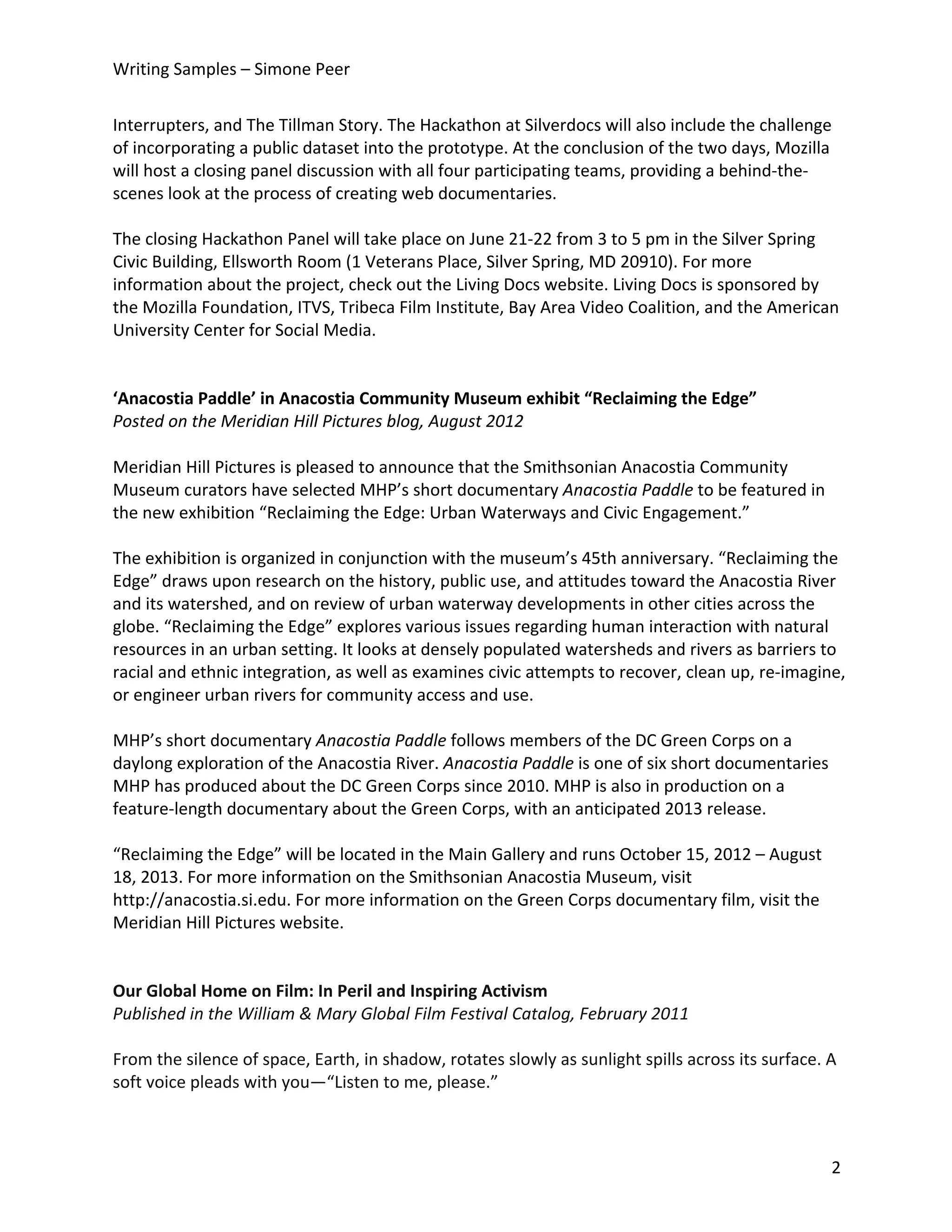 Simone Peer: Writing Samples | PDF