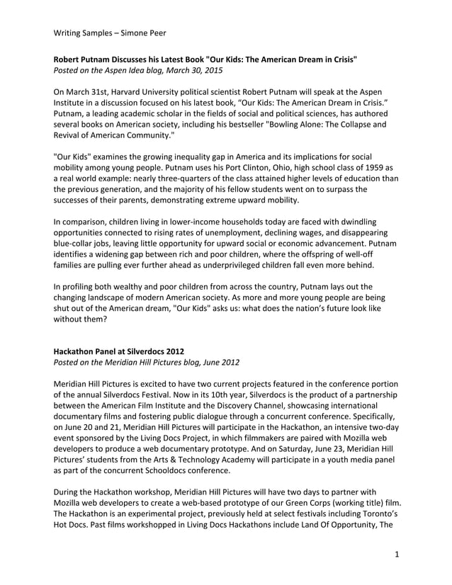 Simone Peer: Writing Samples | PDF