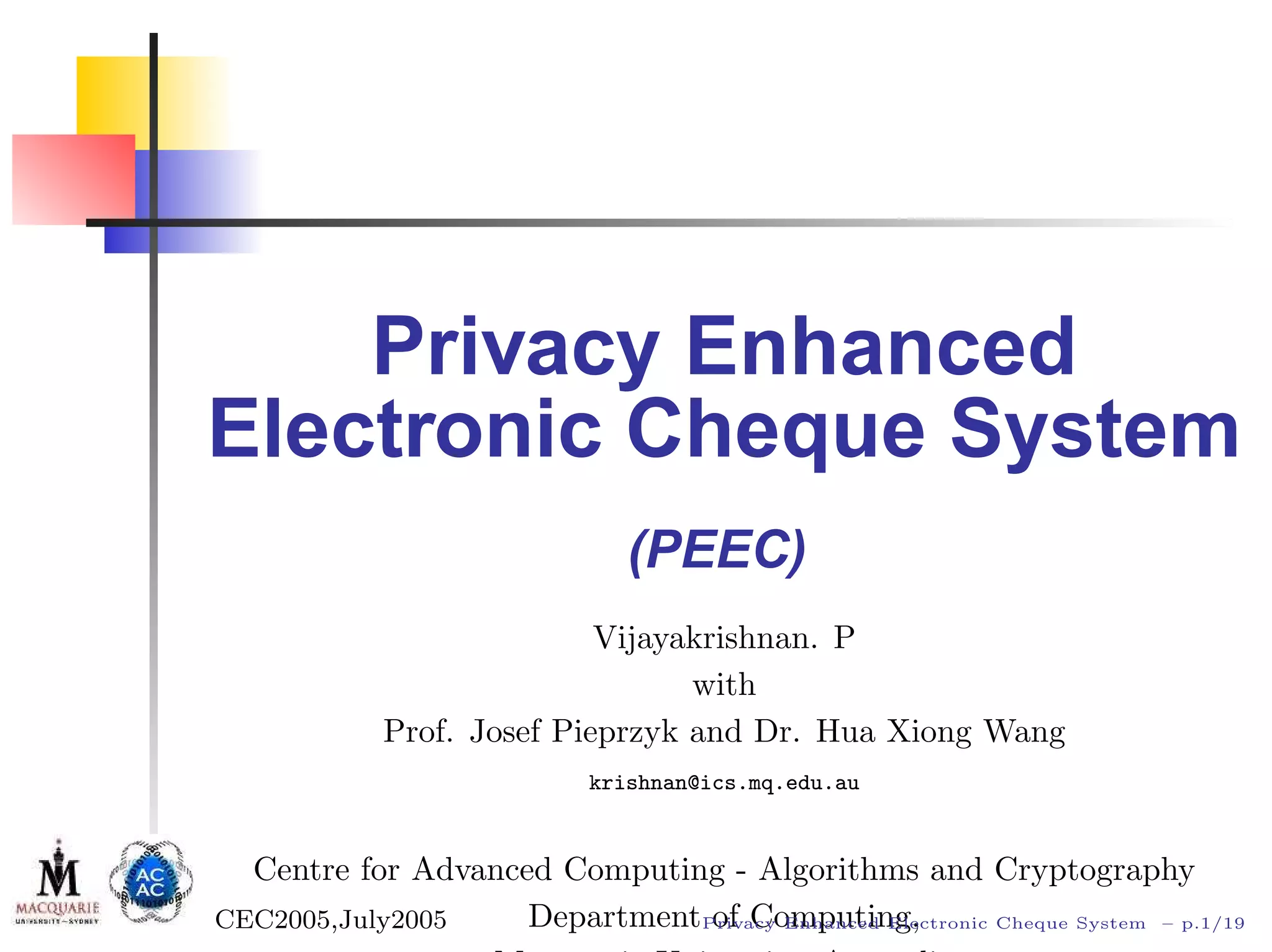Privacy Enhanced Electronic Cheque System | PPT