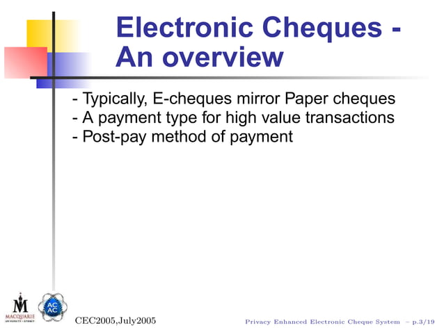 Privacy Enhanced Electronic Cheque System | PPT