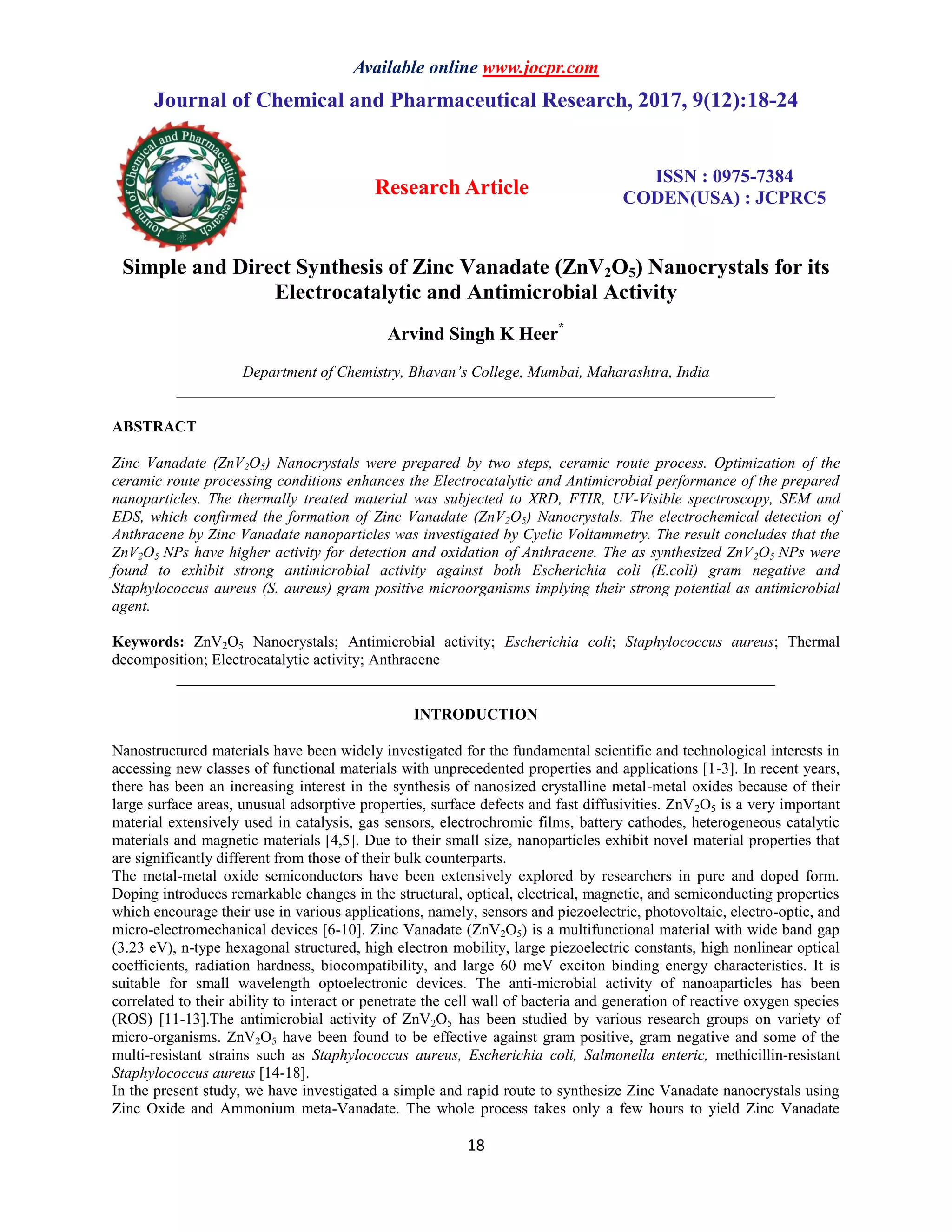 Simple and direct synthesis of zinc vanadate ZnV2O5 nanocrystals for its electrocatalytic ...