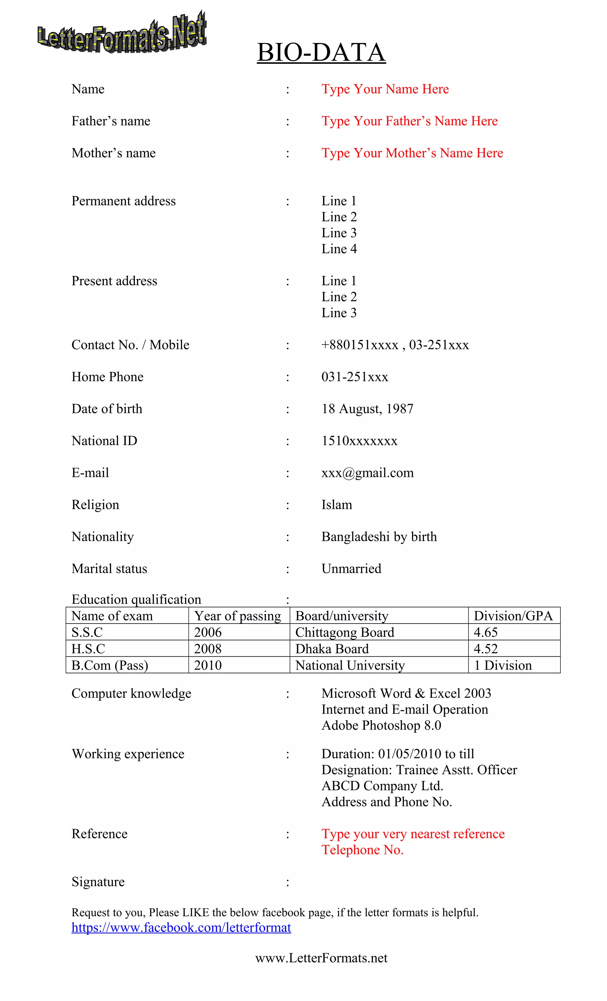 Simple bio-data-format | DOC | Technology & Computing