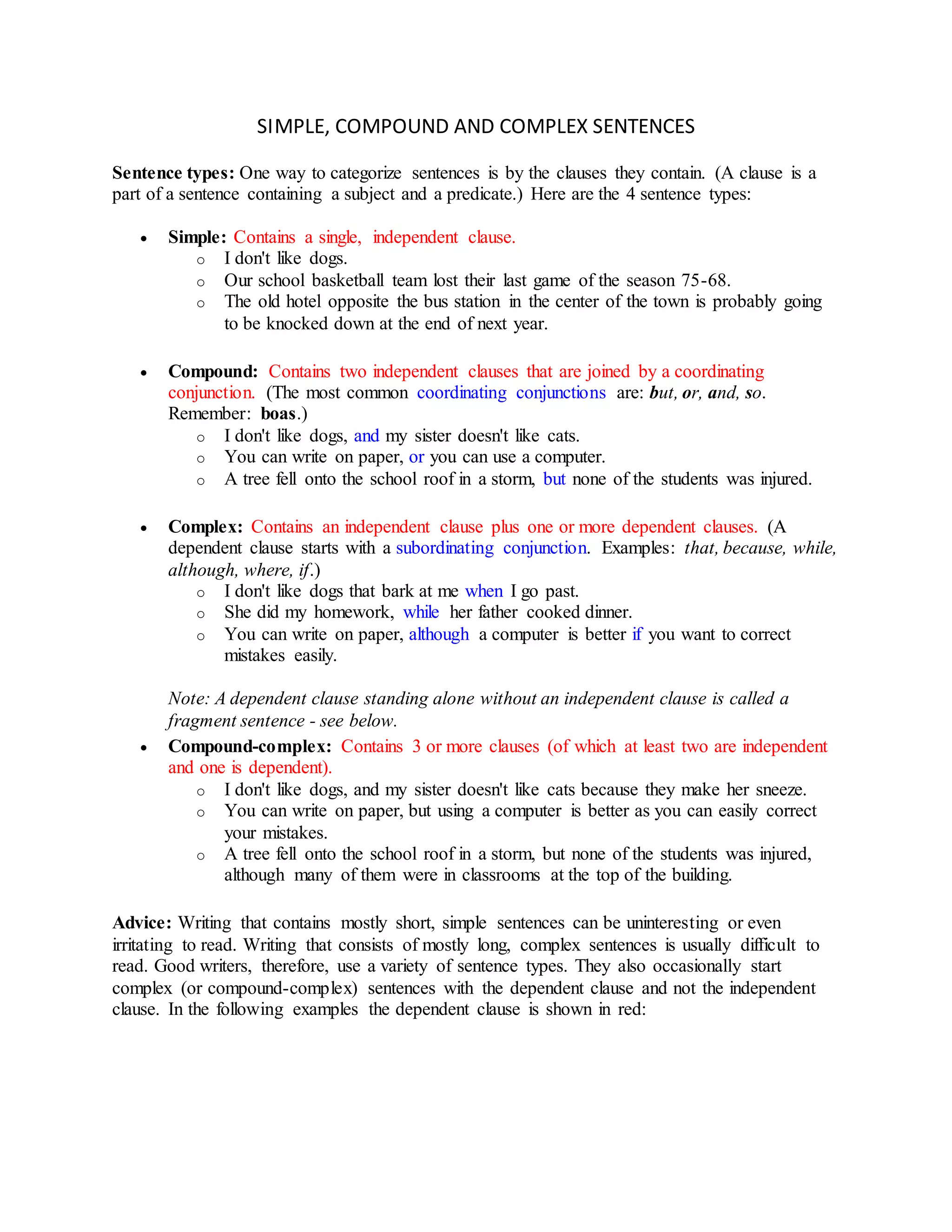 Simple, compound and complex sentences | DOCX