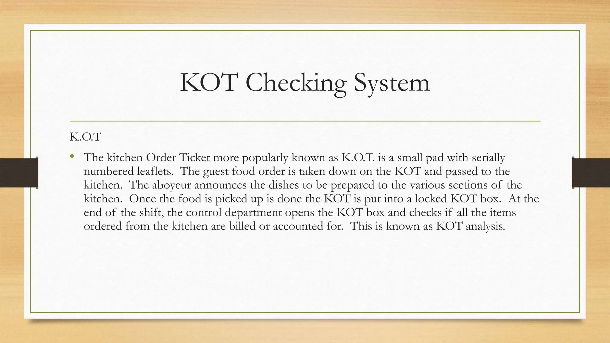 Simple control system used in restaurants and FNB outlets, kot, bot | PPTX