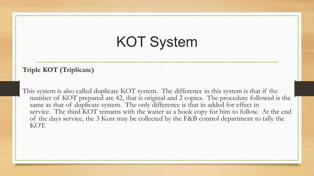 Simple control system used in restaurants and FNB outlets, kot, bot ...
