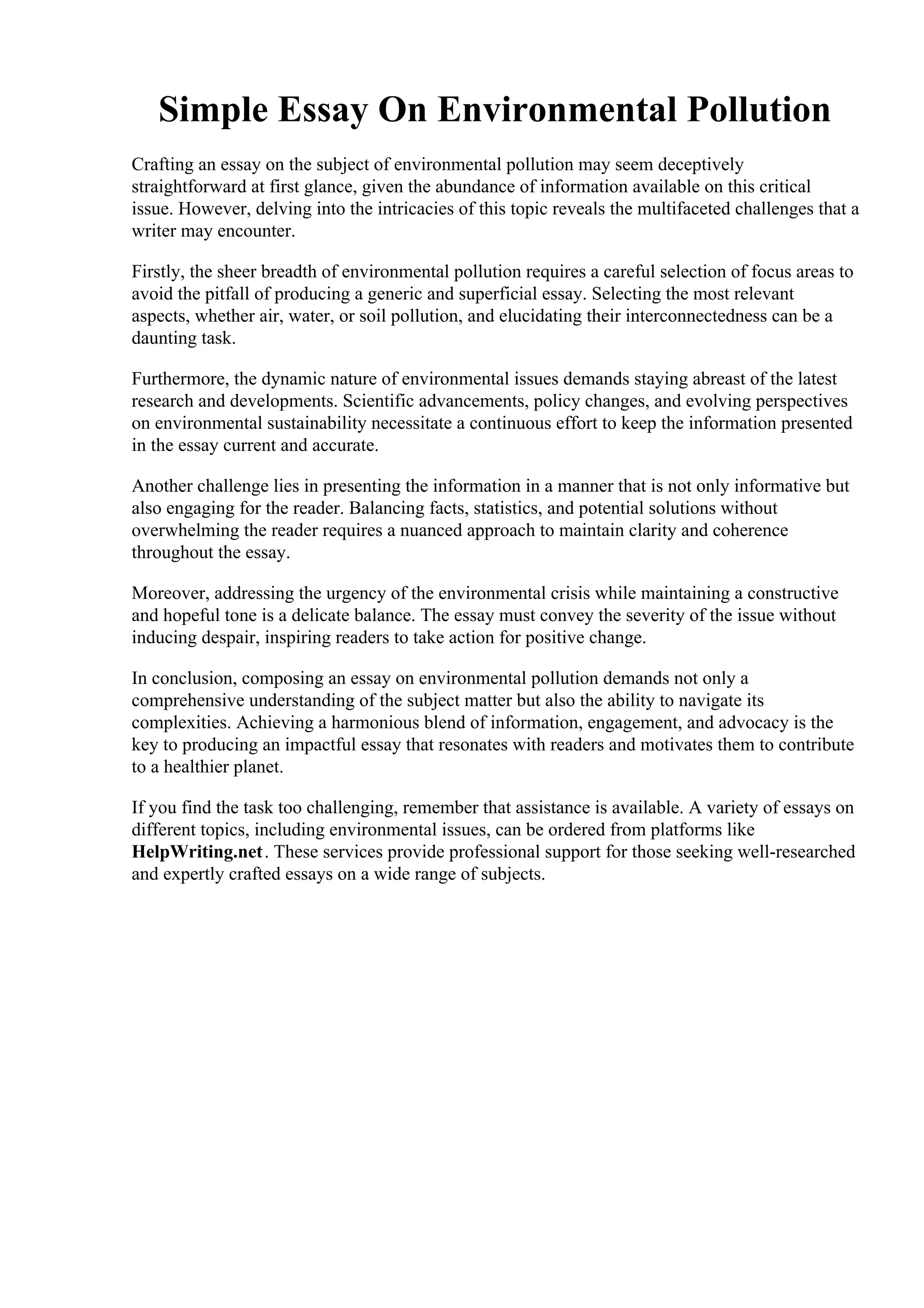 Simple Essay On Environmental Pollution. Essay on Environmental ...