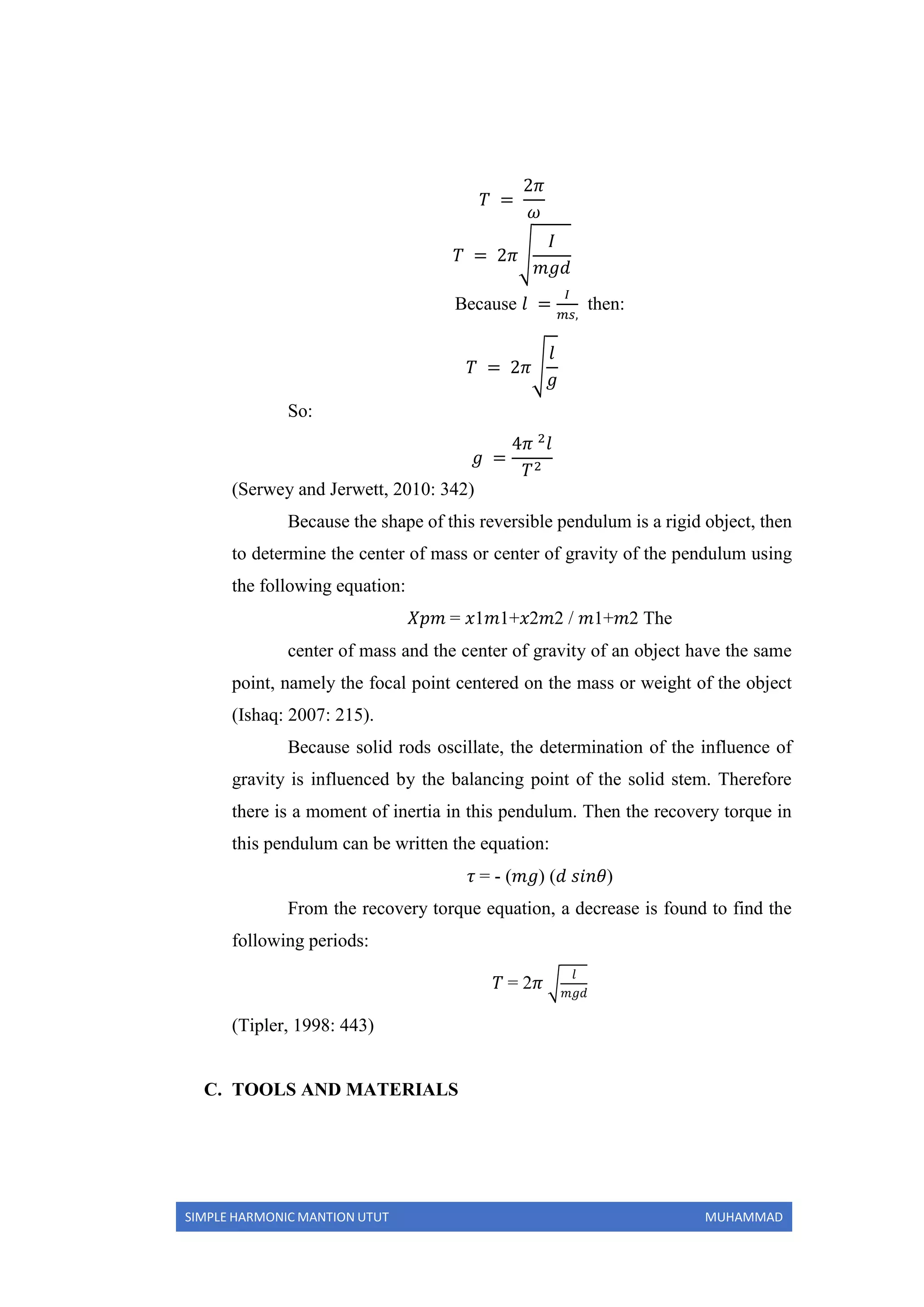 Simple harmonic movement in bandul reversibel | PDF