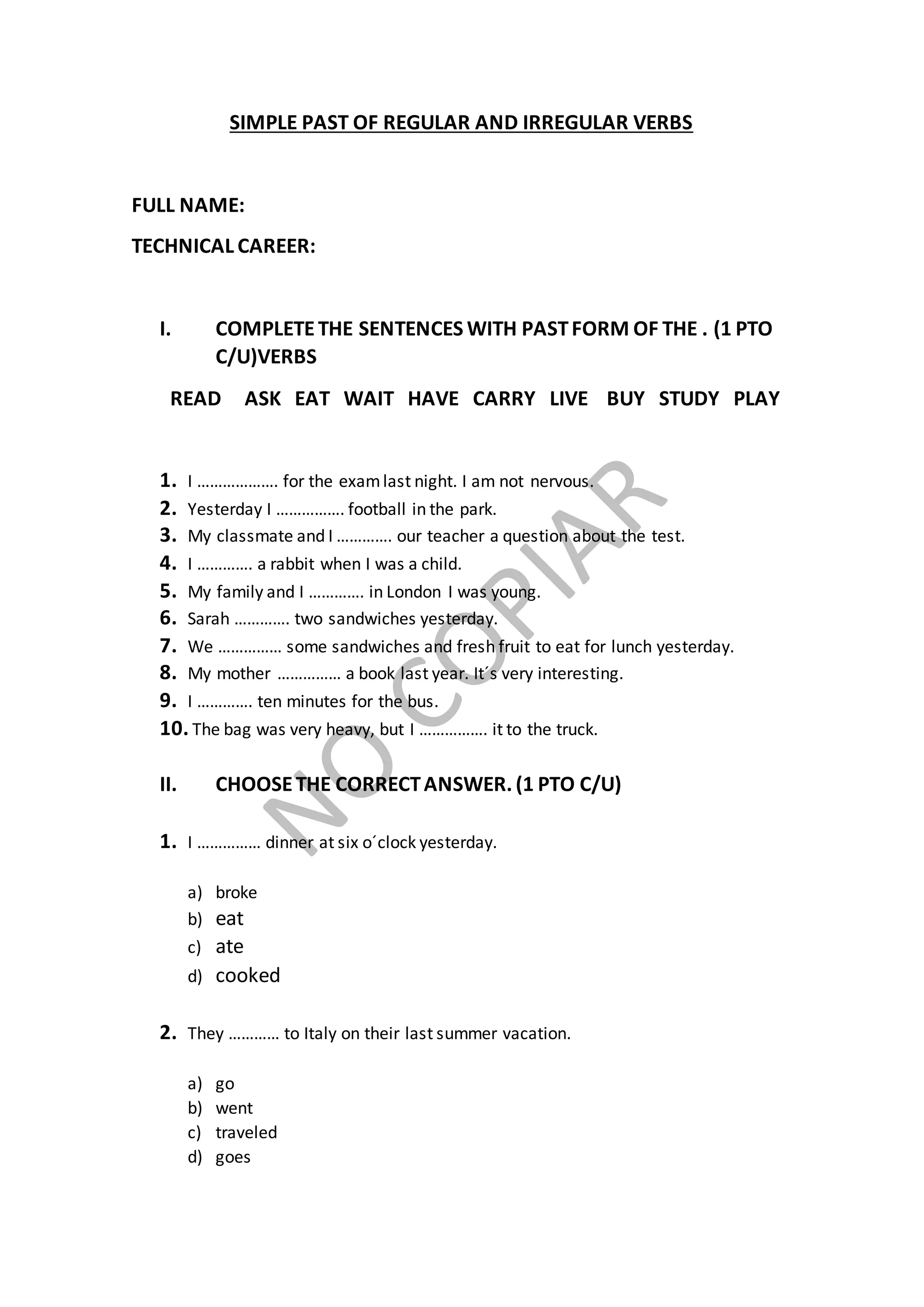 Simple past of regular and irregular verbs 3 | DOCX
