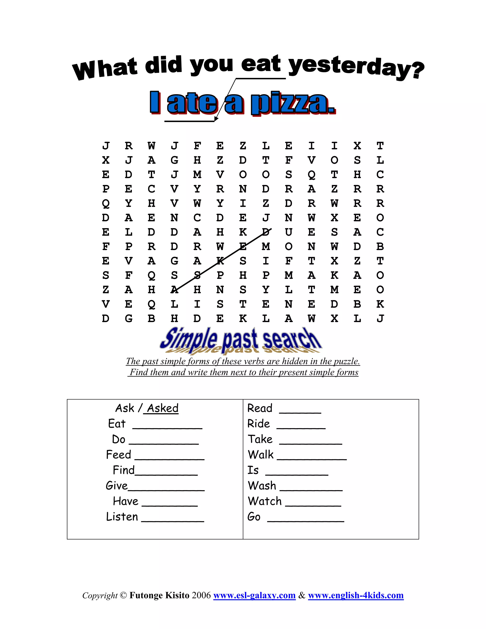 Simple past tense forms of the verbs below | PDF
