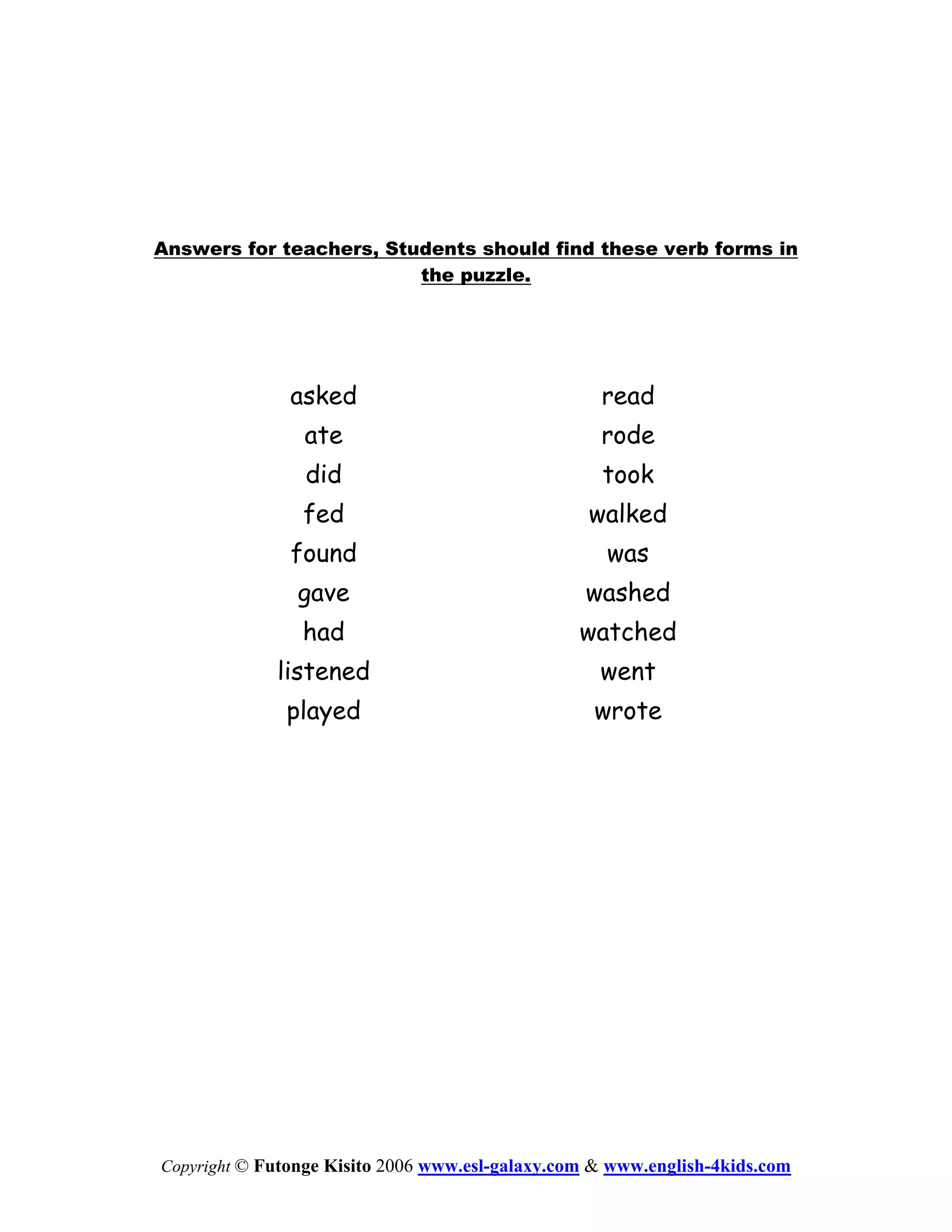 Simple past tense forms of the verbs below | PDF