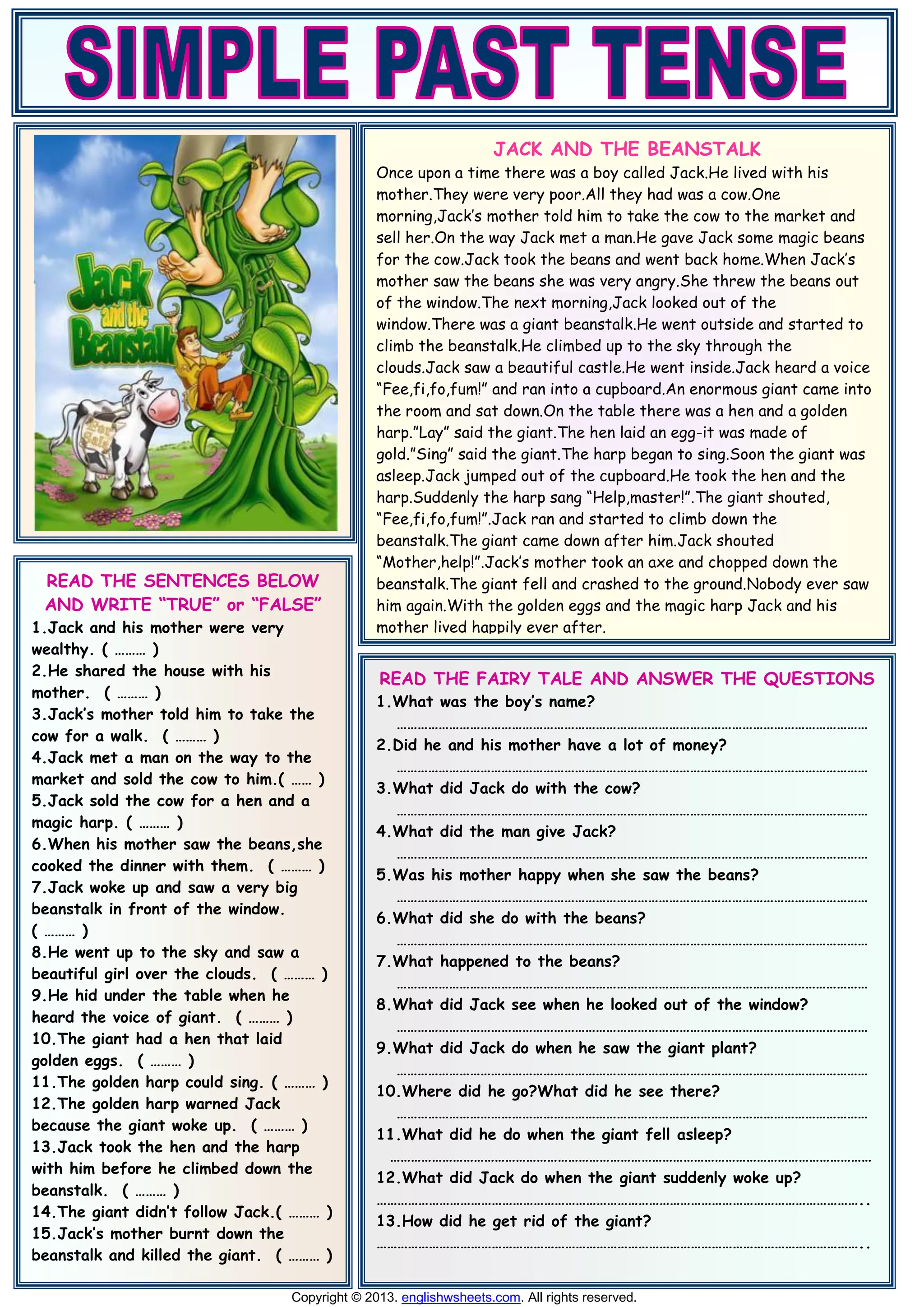 Simple past tense jack and the beanstalk 1 | PDF