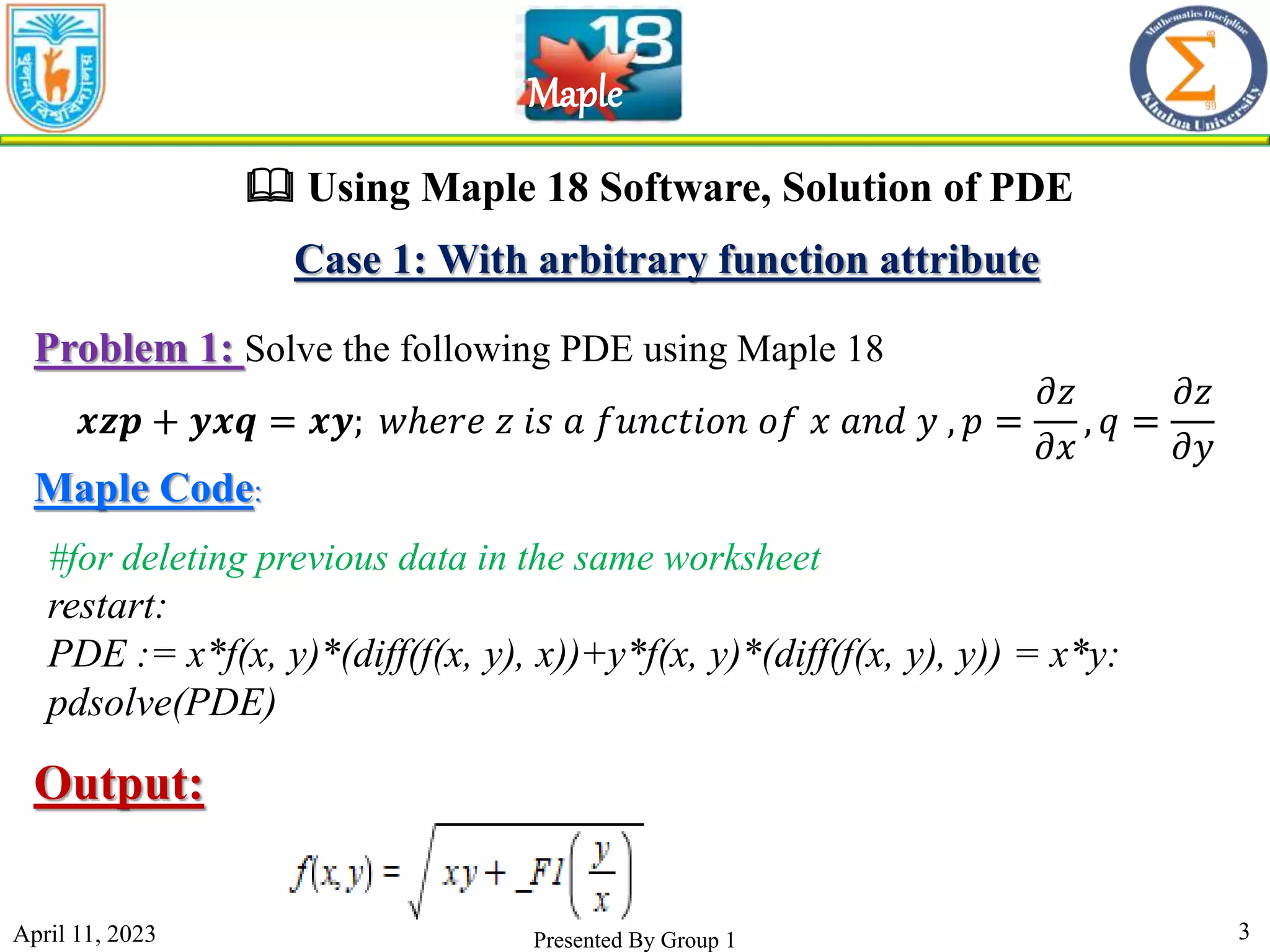 SIMPLE PDE SOLUTIONS WITH THE HELP OF PDETOOLS PACKAGE USING MAPLE 18 by md alamin.pptx