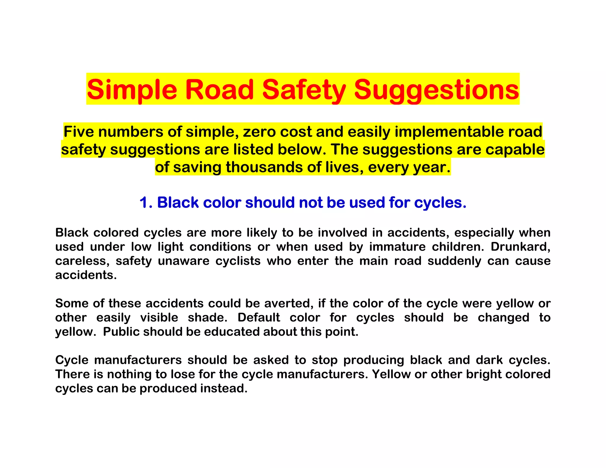 Simple Road Safety Suggestions document | PDF
