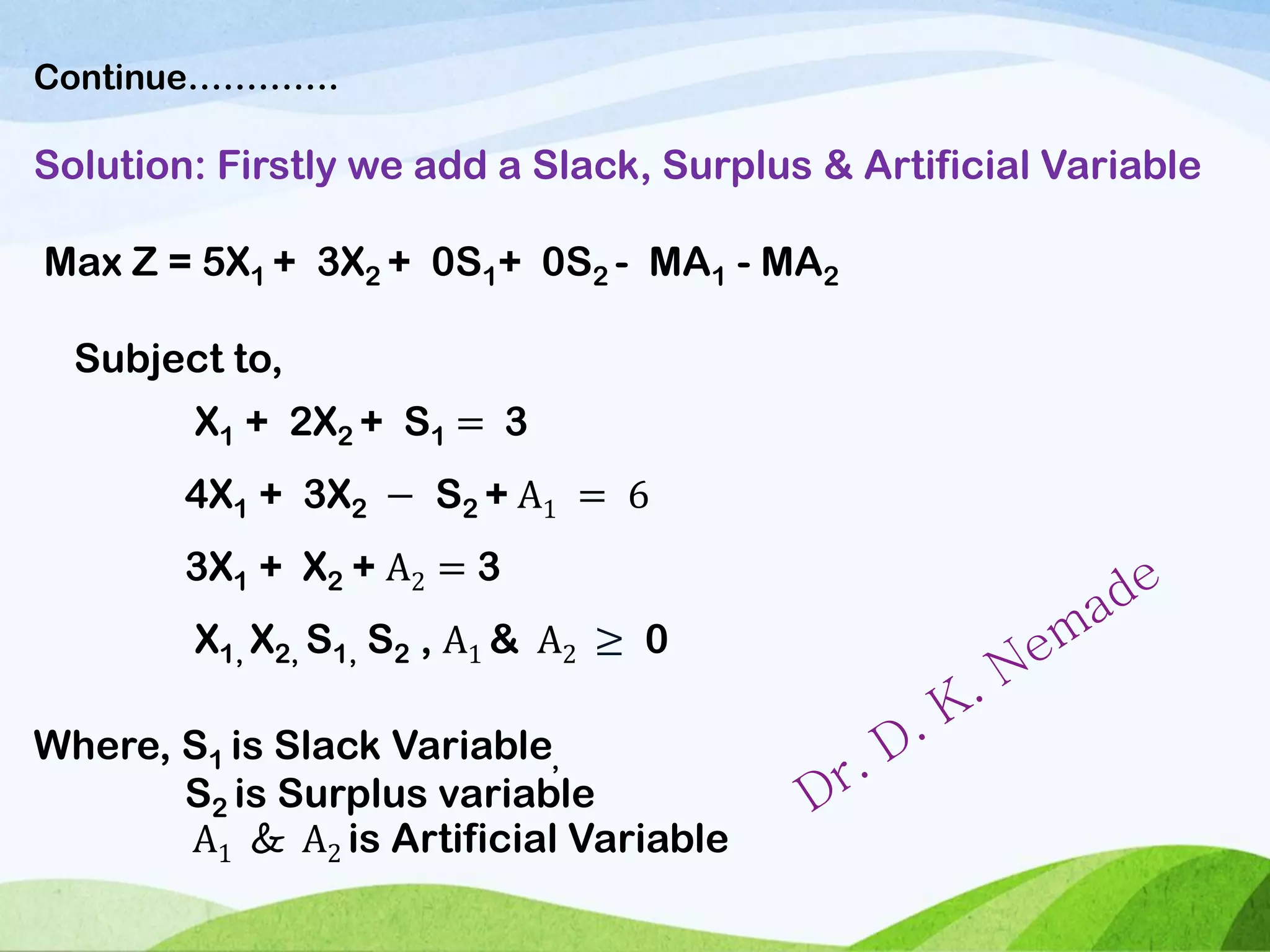 Simplex method: Slack, Surplus & Artificial variable | PDF