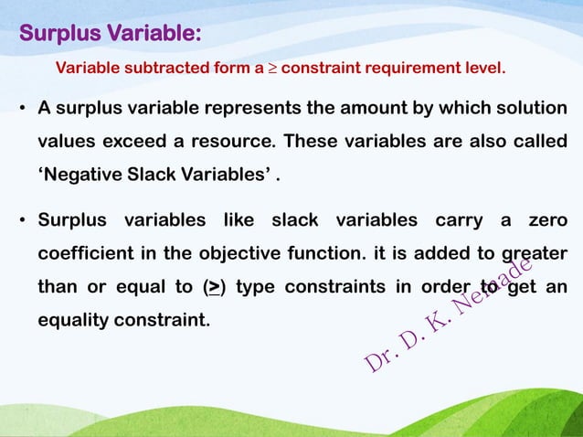 Simplex method: Slack, Surplus & Artificial variable | PDF
